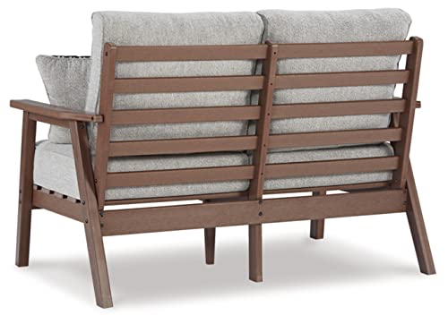 Signature Design by Ashley Emmeline Classic Outdoor HDPE Wood Look Framed Cushioned Loveseat, Beige & Gray