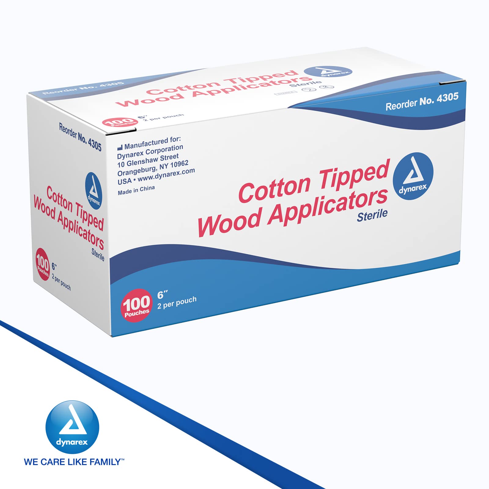 Dynarex 6-Inch Sterile Cotton Tipped Applicators - Single-Use Wooden Cotton Tip Applicators for Wound Care & Dressing, Hygiene, Make Up, Cleaning Tools, Jewelry - 1 Box of 100 Pouches, 2 per Pouch