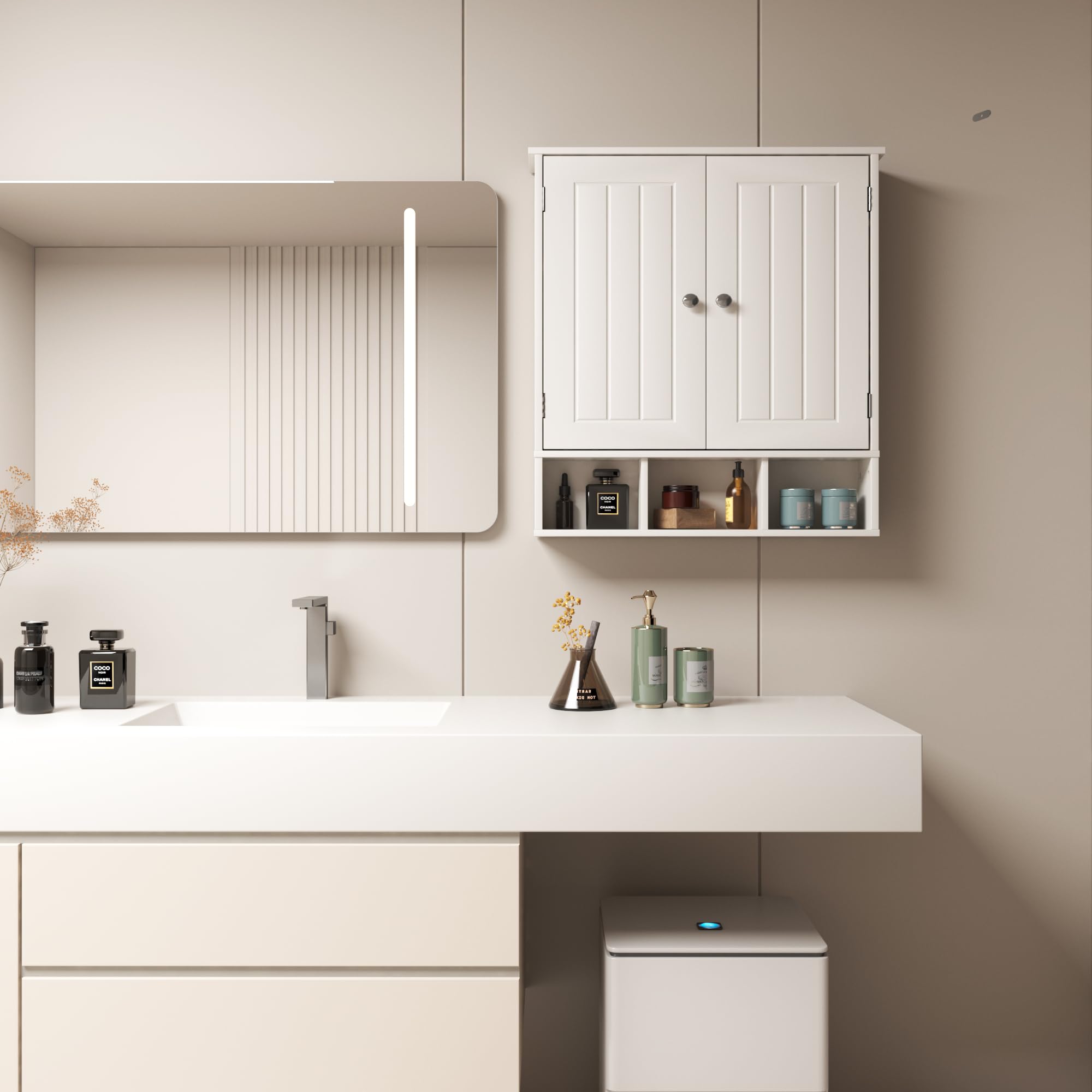 Bathroom Medicine Cabinet 2 Doors with 3 Open Shelves, Over The Toilet Storage Wall Mounted Medicine Cabinet with Adjustable Partitions,Home Bathroom Cabinet for Bathroom,Living Room,Kitchen,White
