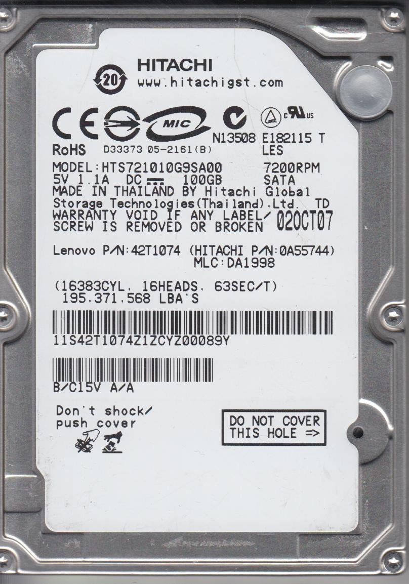 Hitachi Travelstar 7K100 HTS721010G9SA00 100GB SATA Laptop Hard Drive 7200RPM 8MB 2.5" Notebook