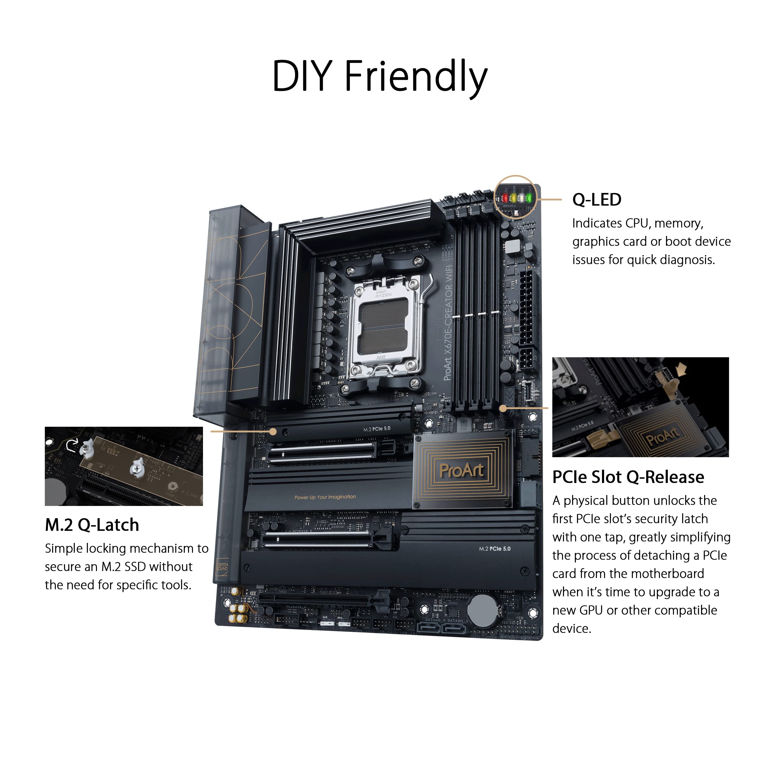 ASUS ProArt X670E-CREATOR WiFi AMD X670 AM5 Ryzen™ Desktop 9000 8000 & 7000 ATX Motherboard, 16+2 Power Stages, PCIe® 5.0 Ready, DDR5 Support, USB4®, 10 Gb & 2.5 Gb LAN, WiFi 6E, Four M.2 Slots