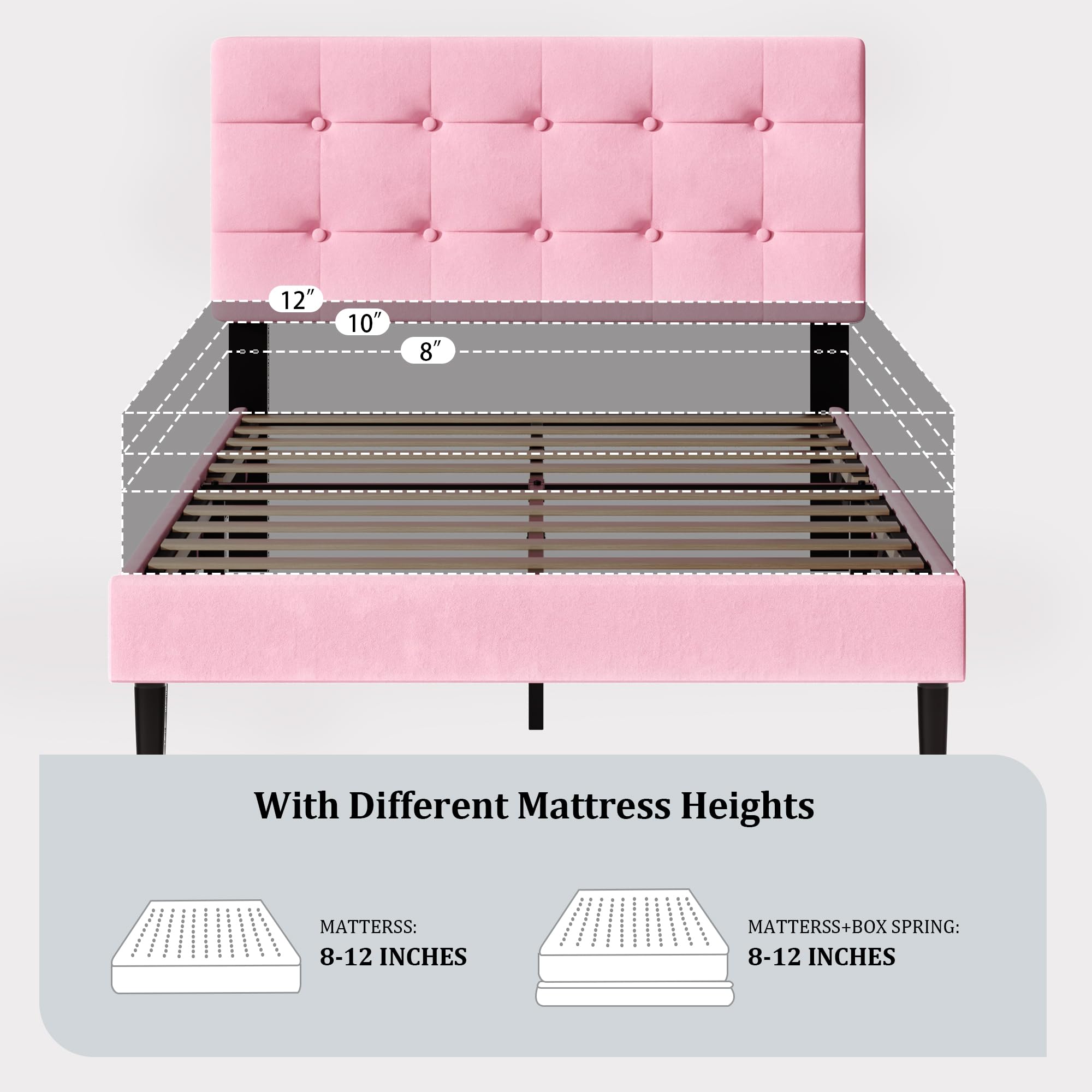 UNIZONE Full Size Bed Frame with Button Tufted Upholstered Headboard, Velvet Platform Bed with Wood Slats Support, Mattress Foundation, No Box Spring Needed, Easy Assembly, Pink