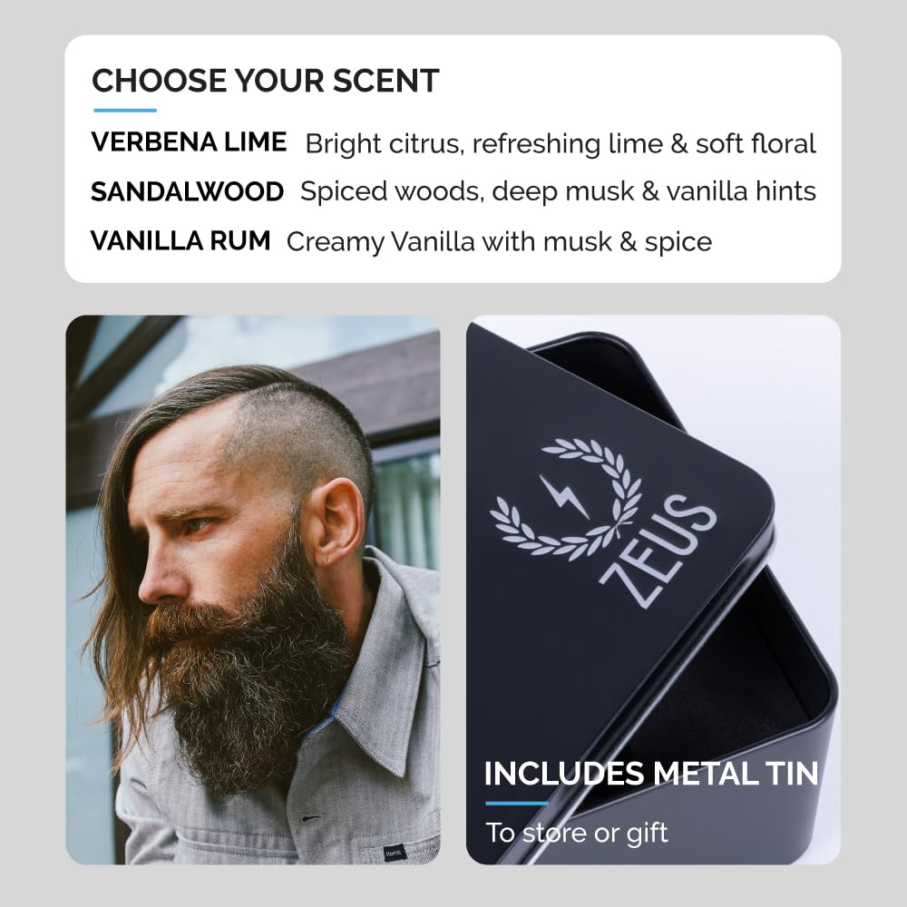 ZEUS Everyday Beard Kit with Tin Gift Box – Beard Wash Shampoo & Conditioner, Natural Beard Oil, Beard Balm & Tin Box (Vanilla Rum)
