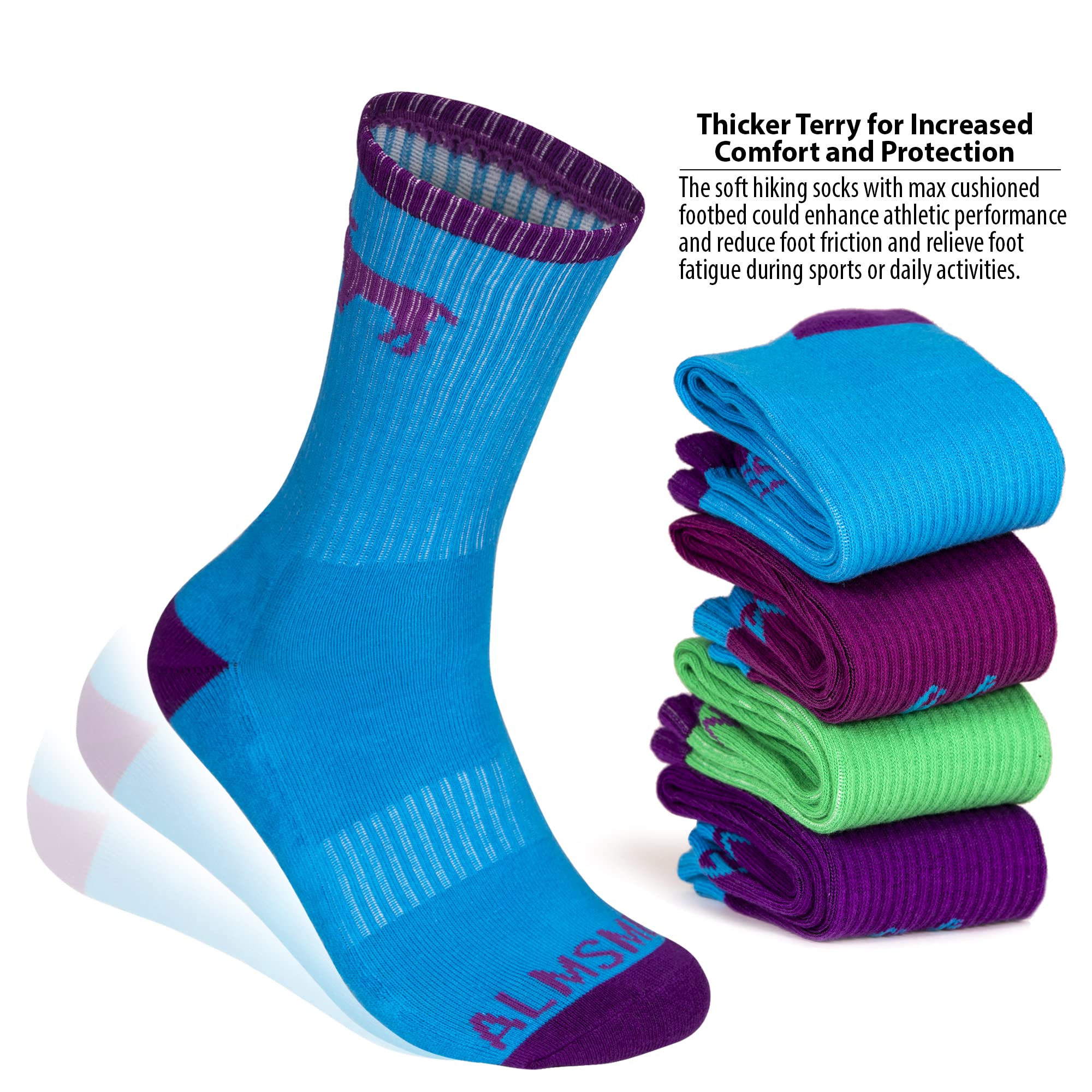 Almsmen 4 Pack Running Hiking Athletic Crew Socks, 100% Cotton for both Men and woman, Double Cushioned, You Buy = We Donate (as1, alpha, m, regular, regular)