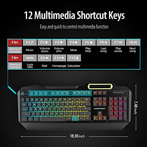 Lumsburry RGB LED Backlit Gaming Keyboard with Anti-ghosting, Light up Keys Multimedia Control, USB Wired Waterproof Metal Keyboard for PC Games Office (Cool Black)