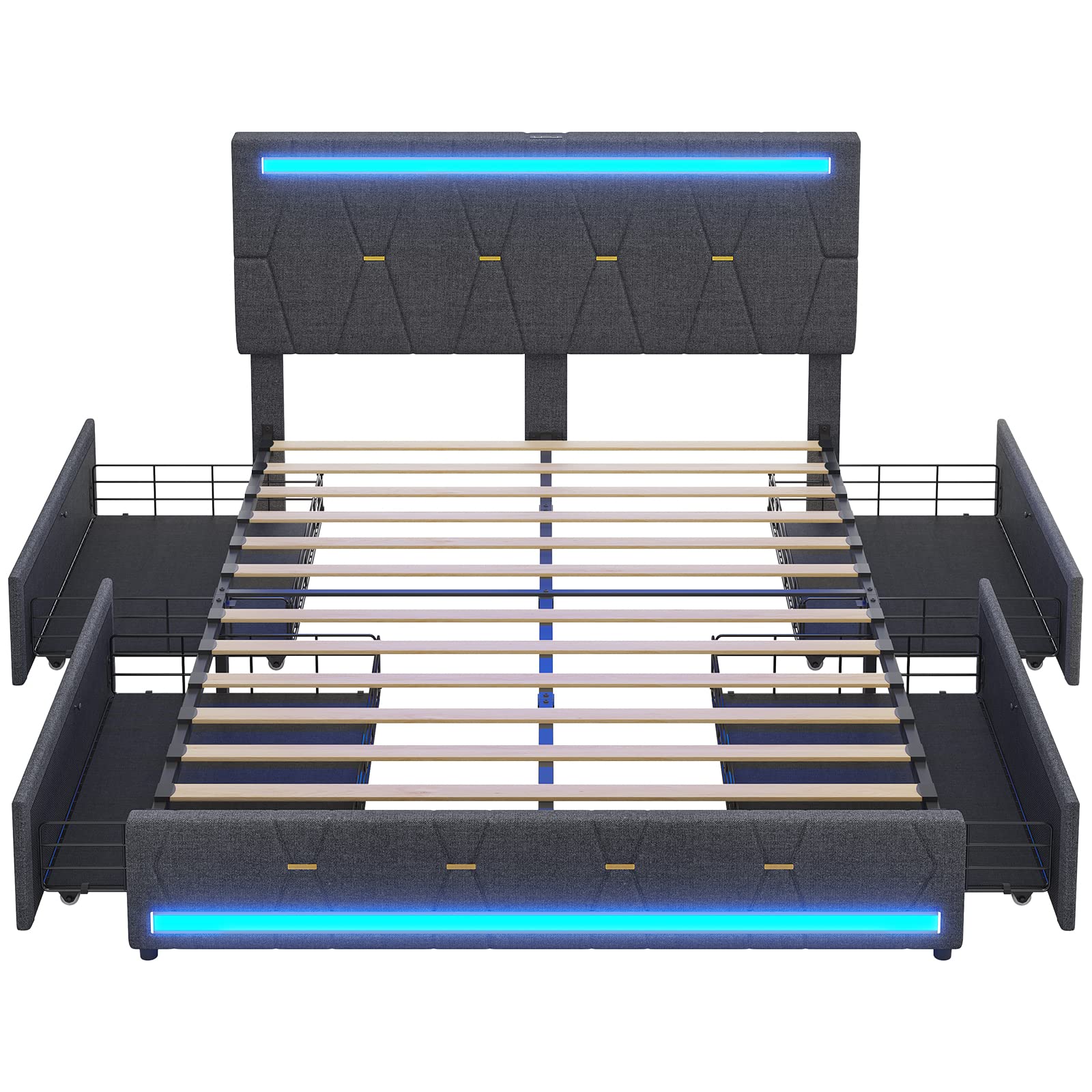 ADORNEVE Full Size Bed Frame with 4 Drawers, LED Bed Frame Full with 2 USB Charging Station, Upholstered Platform Bed with Adjustable Headboard and LED Lights, No Box Spring Needed, Dark Grey
