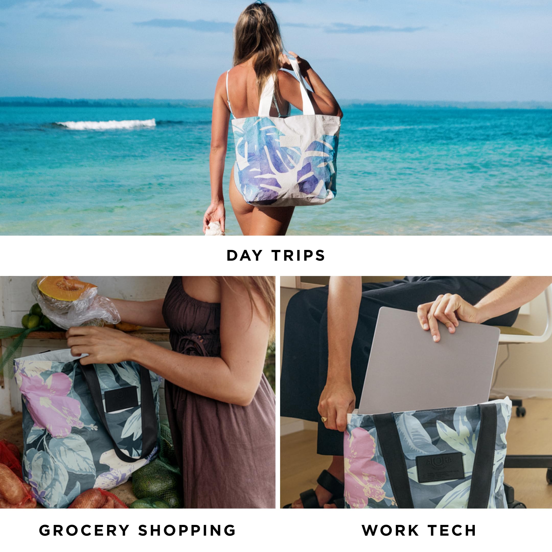 ALOHA Collection Waipi'o Day Tripper Tote in White on Black | Lightweight, Packable, and Splash-Proof Beach Tote Bag | Easy to Clean