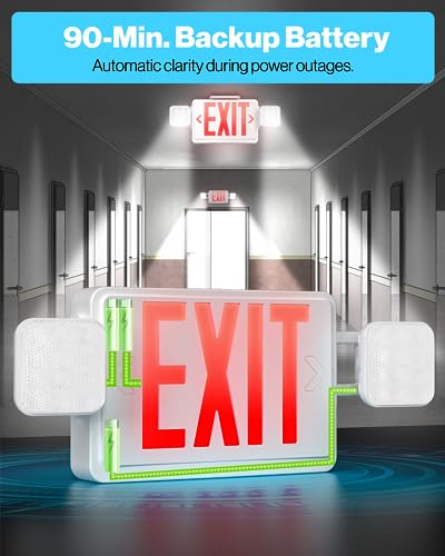 Sunco Red Exit Signs With Emergency Lights, Two Adjustable Square LED Lights, 94V-0 Fire Resistant, Backup Battery, 120-277V, Wall Or Ceiling Mount, Commercial Grade Double Sided 4 Pack