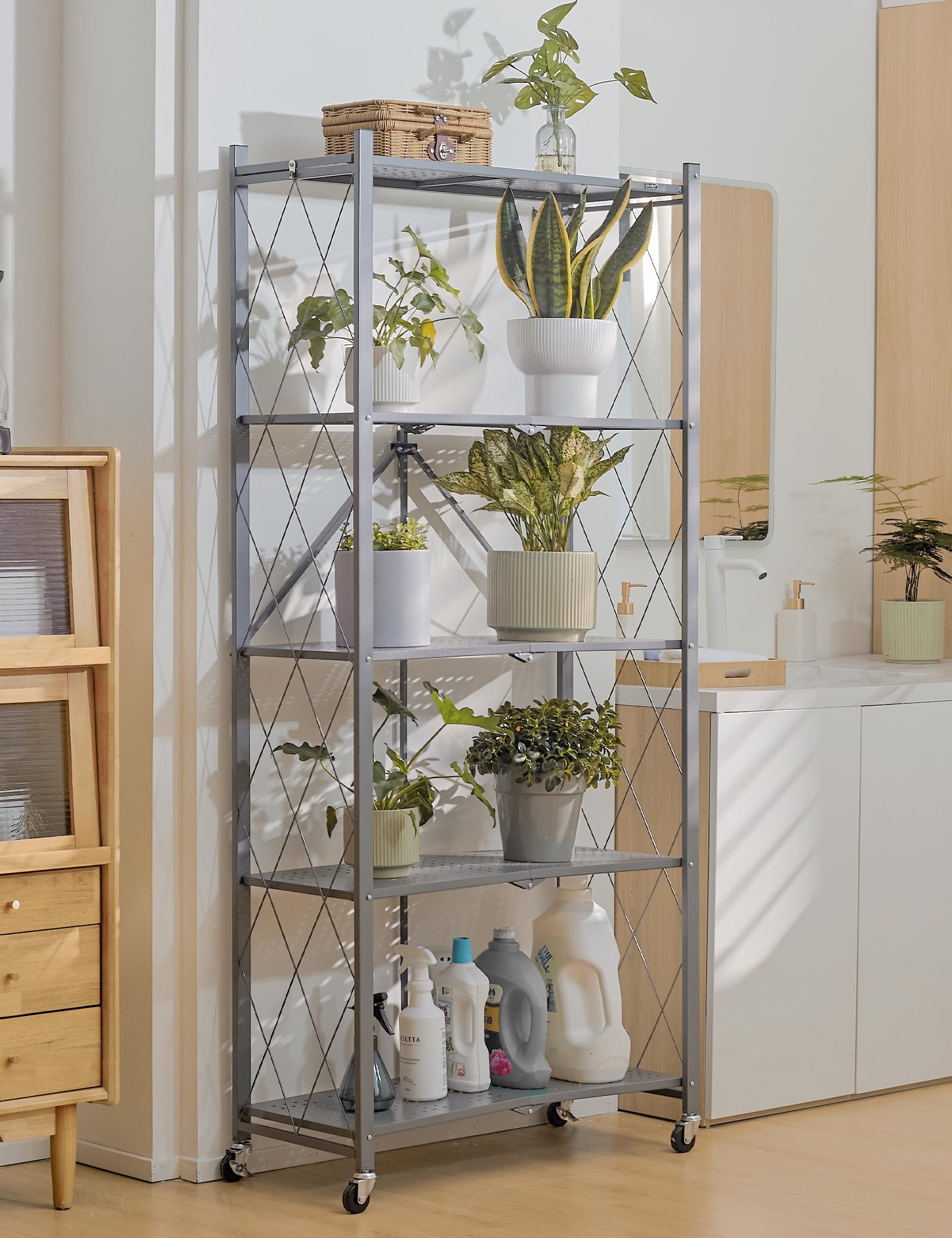 ALANNG 70.7" H Metal Storage Shelves, 5 Tier Folding Storage Shelves on Wheels, Heavy Duty Collapsible Shelving Unit, No Assembly Storage Rack for Kitchen, Basement, Pantry (Grey,1 Pack)