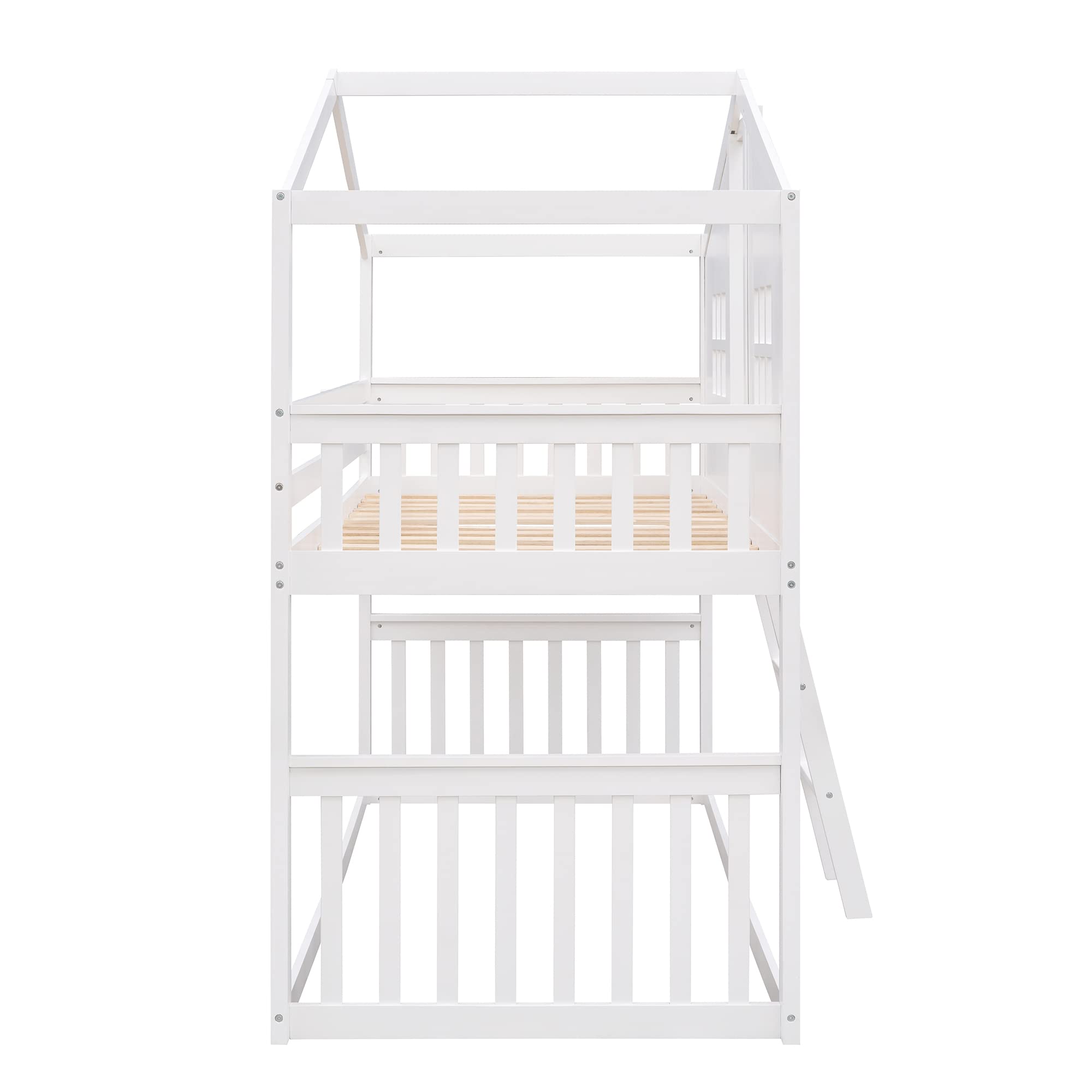Harper & Bright Designs House Bunk Beds, Twin Over Twin Bunk Bed with Roof, Ladder and Windows, Floor Bunk Bed, Low Bunk Loft Bed for Kids Teens Boys & Girls, White