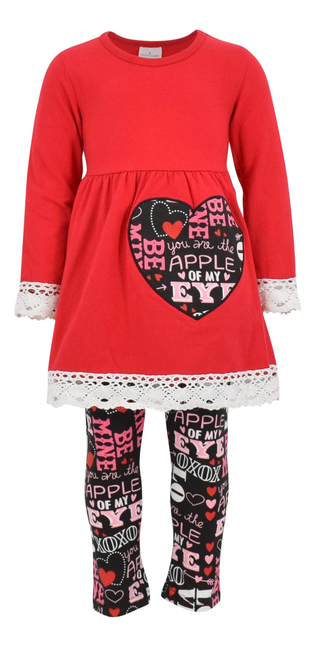 Unique Baby Girls Valentines Day Toddler Outfit Lace Trim Legging Set (6 Years, Red)
