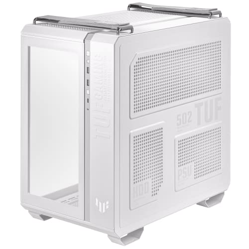 ASUS TUF Gaming GT502 White ATX Mid-Tower Computer Case,Front Panel RGB Button,USB 3.2 Type-C,2x USB 3.0 Ports,Tool-free Side Panel,ARGB Hub, 360mm and 280mm Radiator compatible, Fabric Handle on top.