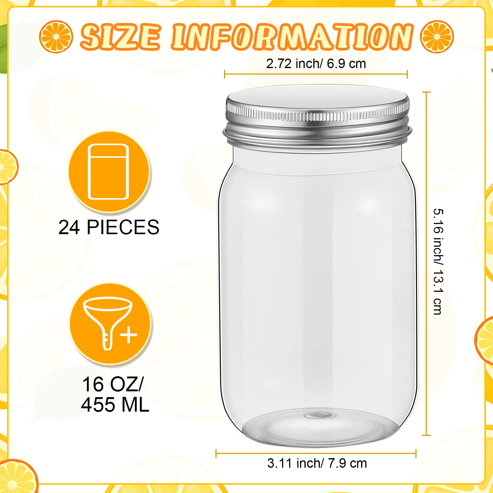 Gerrii 24 Pieces 16 oz Clear Plastic Mason Jars with Lids Refillable Mason Cocktail Cup Empty Canning Overnight Oats Container Plastic Candy Storage Jars Containers for Honey Spices Herbs