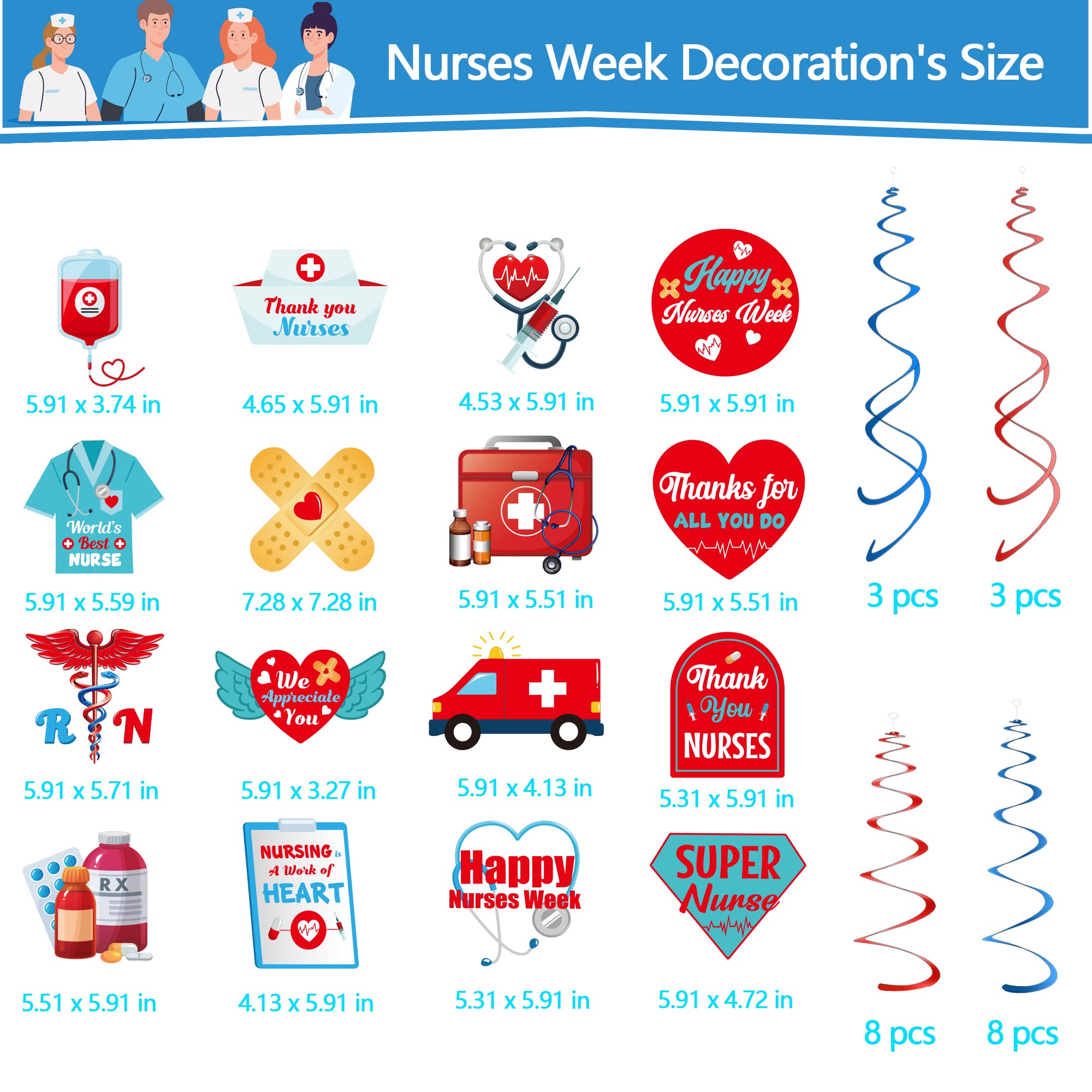 Nurses Week Decorations, 38PCS Nurses Hanging Swirls Decorations 2024, Blue Red Swirls School RN Nurse Graduation Decor, Happy Nurses Week Appreciation Swirls for Nursing Graduation Party Supplies