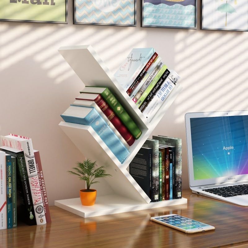 BRILENS 3 Tier Tree Bookshelf, 3 Shelf Bookcase, Modern Book Storage, Free Standing Tree Bookcase, Utility Organizer Shelves for Home Office, Living Room, Bedroom, White