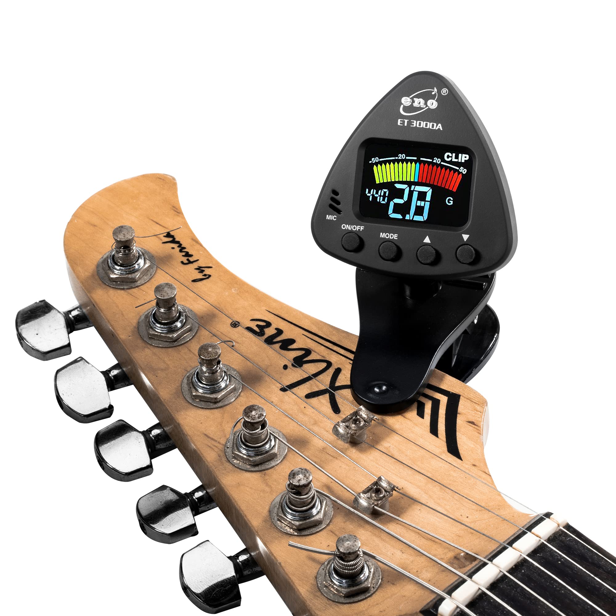ENO MUSIC Stable Quality Big LCD Display Easy to Read Auto Clip-on Acoustic Electric Guitar Tuner Bass Tuner with Ukulele Violin Chromatice Tunning Mode