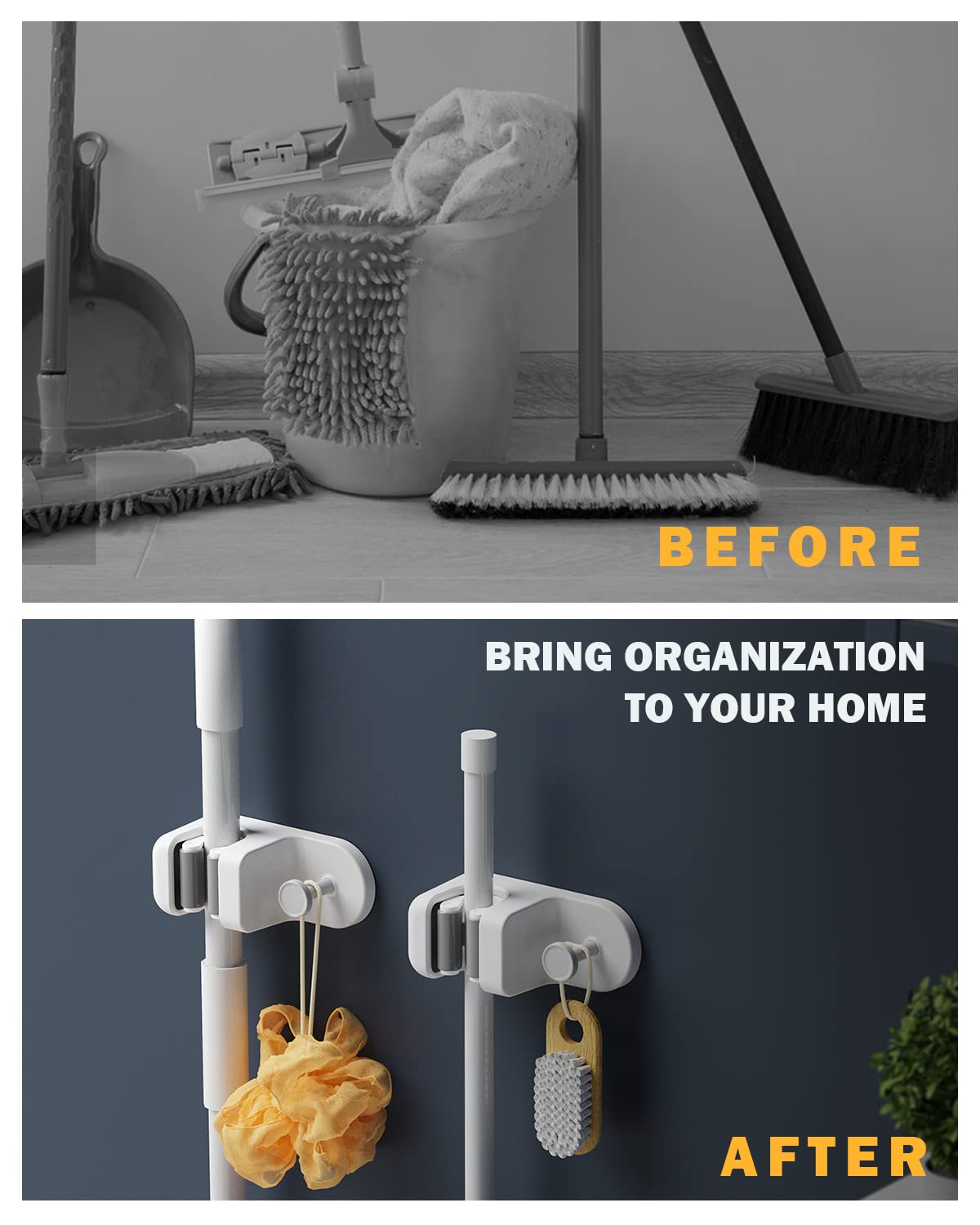 BEZOX Mop Holder with Hook - Drill Free Wall Mount Broom Gripper, Cleaning Supplies Organizer Utility Holder - 1PCS