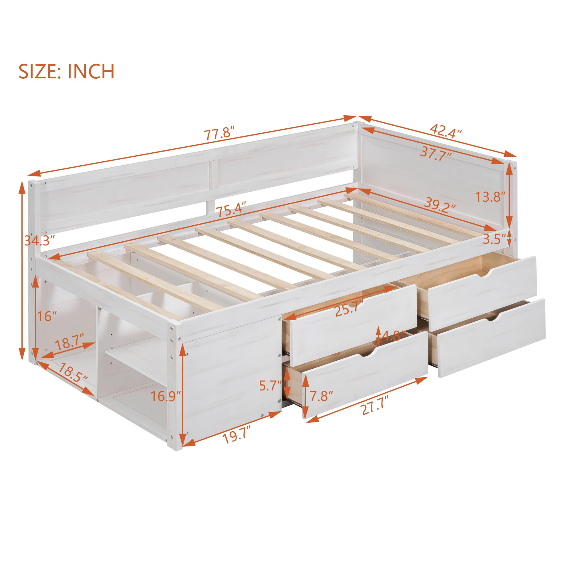 Brisca Twin Size Daybed with Four Drawers and Three Shelves,Multifunction Solid Wood Storage Bed Frame,W/Wooden Slates Support,for Kids Teens,Boys & Girls,No Box Spring Needed,White