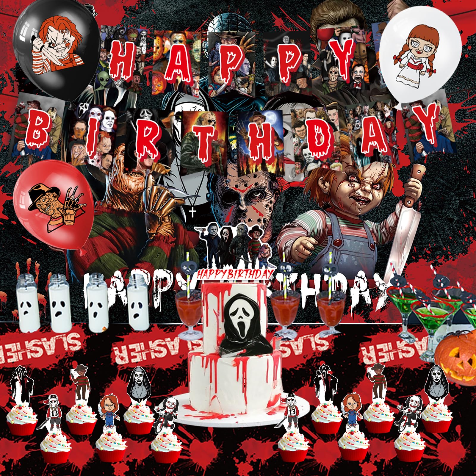 Horror Classic Movie Birthday Supplies, Horror Themed Character Party Decorations Includes Banners, Cake Toppers, Balloons, Cupcake Toppers, Backdrop, Tablecloths, Scream Party Gift for Fans Kids