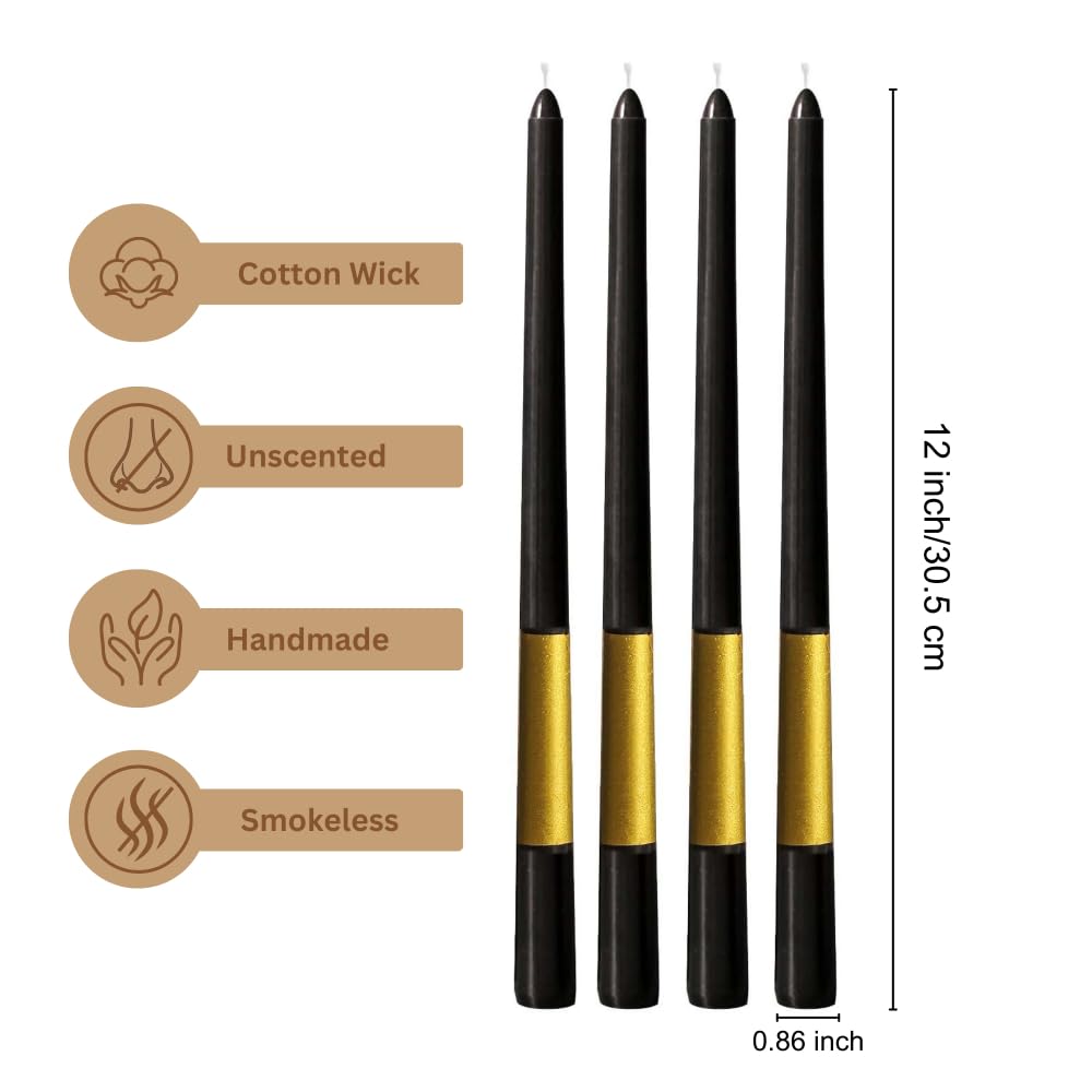 Black Taper Candles 12'' Tall with Gold Candle Sticks Set of 4 | Unscented | Home Decor Kitchen Decor Wedding Decorations (Gold)