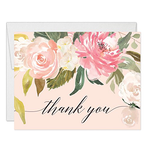 Pastel Pink Peonies Thank You Cards with Envelopes ( Pack of 50 ) Blank Folded Thank You Notecards Baby Bridal Shower Gift Birthday Engagement Wedding Thank You Gracias Notes Excellent Value VT0039
