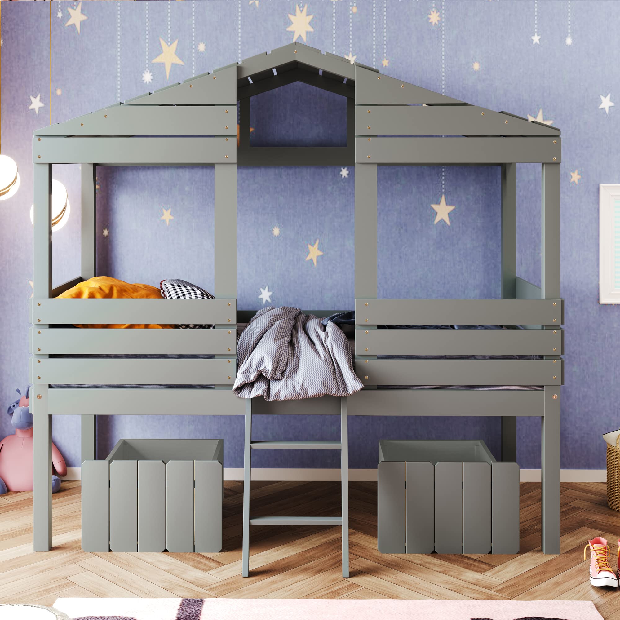 Harper & Bright Designs Low Loft House Bed with Storage, Wood Twin Size Loft Bed Frame with Two Drawers, Ladder, Roof, Windows for Kids Teens, Girls, Boys, No Box Spring Needed (Grey)