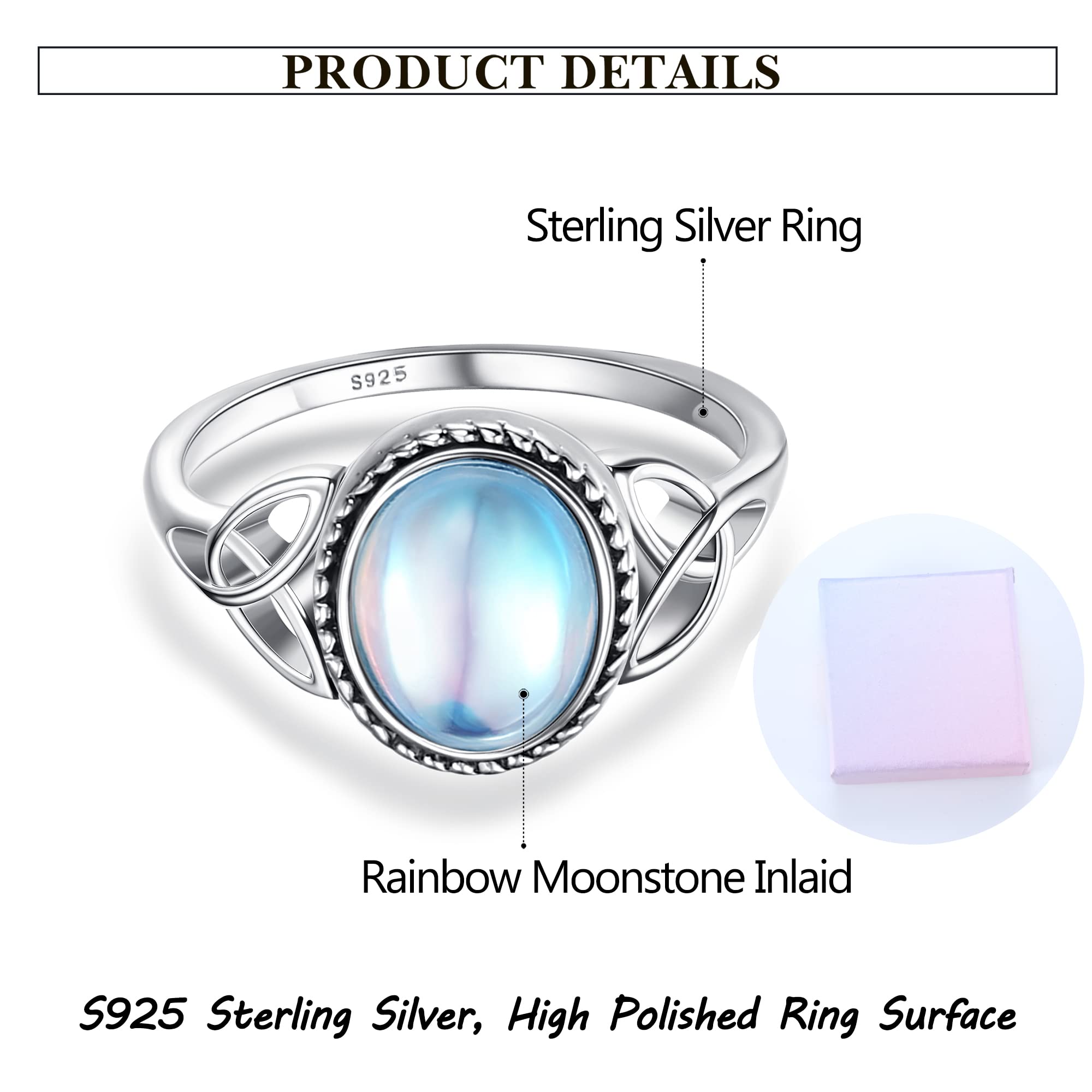 ADRAMATA 925 Sterling Silver Moonstone Ring for Women 18K White Gold Plated Rainbow Moon Stone Rings Victorian Style Gemstone Solitaire Oval Moonstone Ring Size 9
