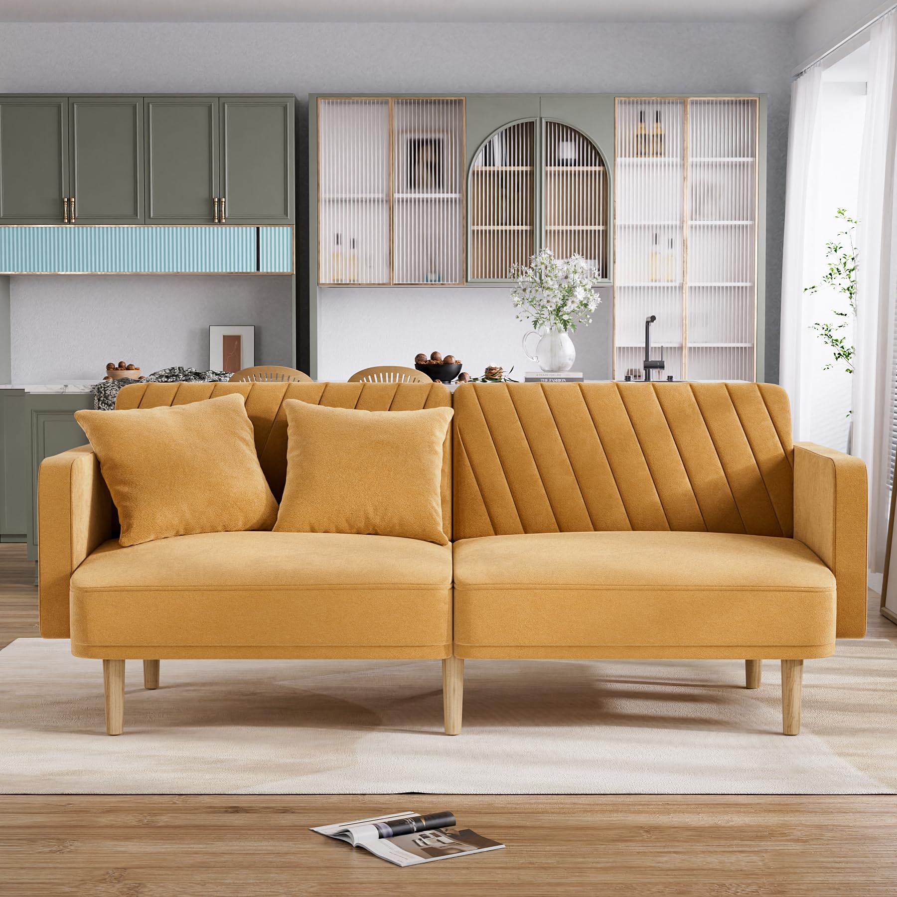 OUYESSIR Futon Sofa Bed, 75.3", Couch, Small Sofa, Sleeper Sofa, Loveseat, Mid Century Modern Velvet Futon Couch with 2 Pillows for Living Room (Yellow Velvet, Futon)