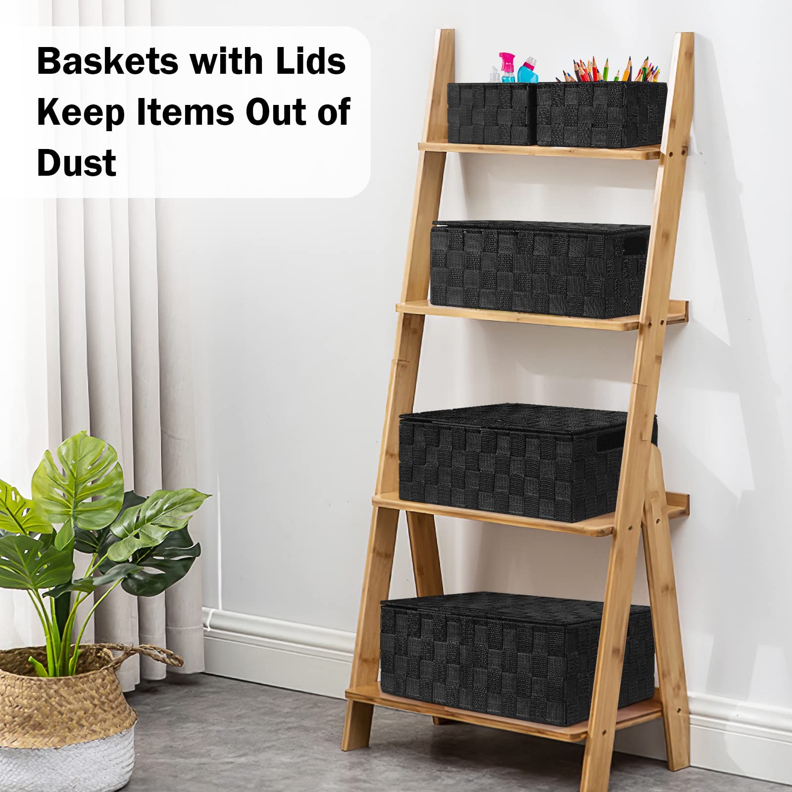 Uvellgift Storage Bins with Lids, Woven Storage Box Organizer Containers Decorative Baskets Cube for Clothes Bedroom Closet Office (5 Pack, Black)