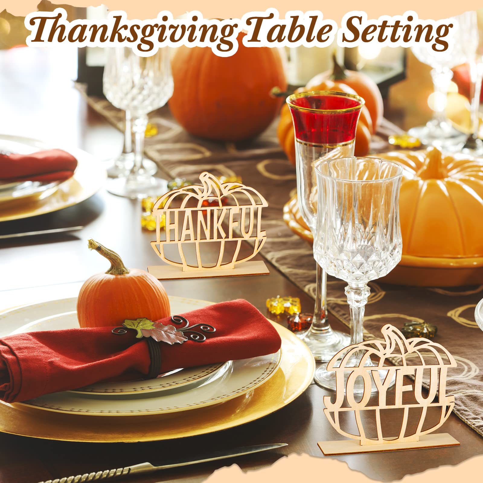 Vicenpal 9 Pcs Thanksgiving Wood Cutout Cards Sign Place Setting Thankful Grateful Gather Gratitude Love Peace Signs Rustic Letter with Holder Base for Table Decoration(Twigs)