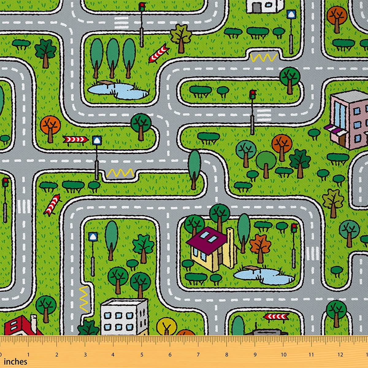 Feelyou Cartoon Car Road Fabric by The Yard, Kids Cars Vehicles Race Track Upholstery Fabric for Chairs Sofa Couch, Street Roadway Activity Outdoor Fabric Waterproof, 1 Yard, Gray Green