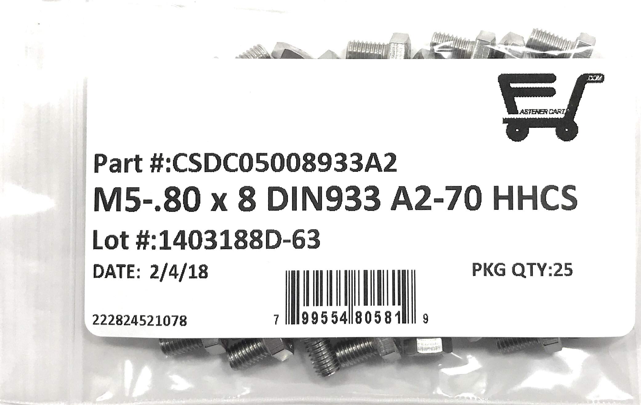 M5-.80 X 8 Hex Head Cap Screw Hex Bolts DIN933 (M5x8) Full Thread A2-70 Stainless Steel (25 Pieces)
