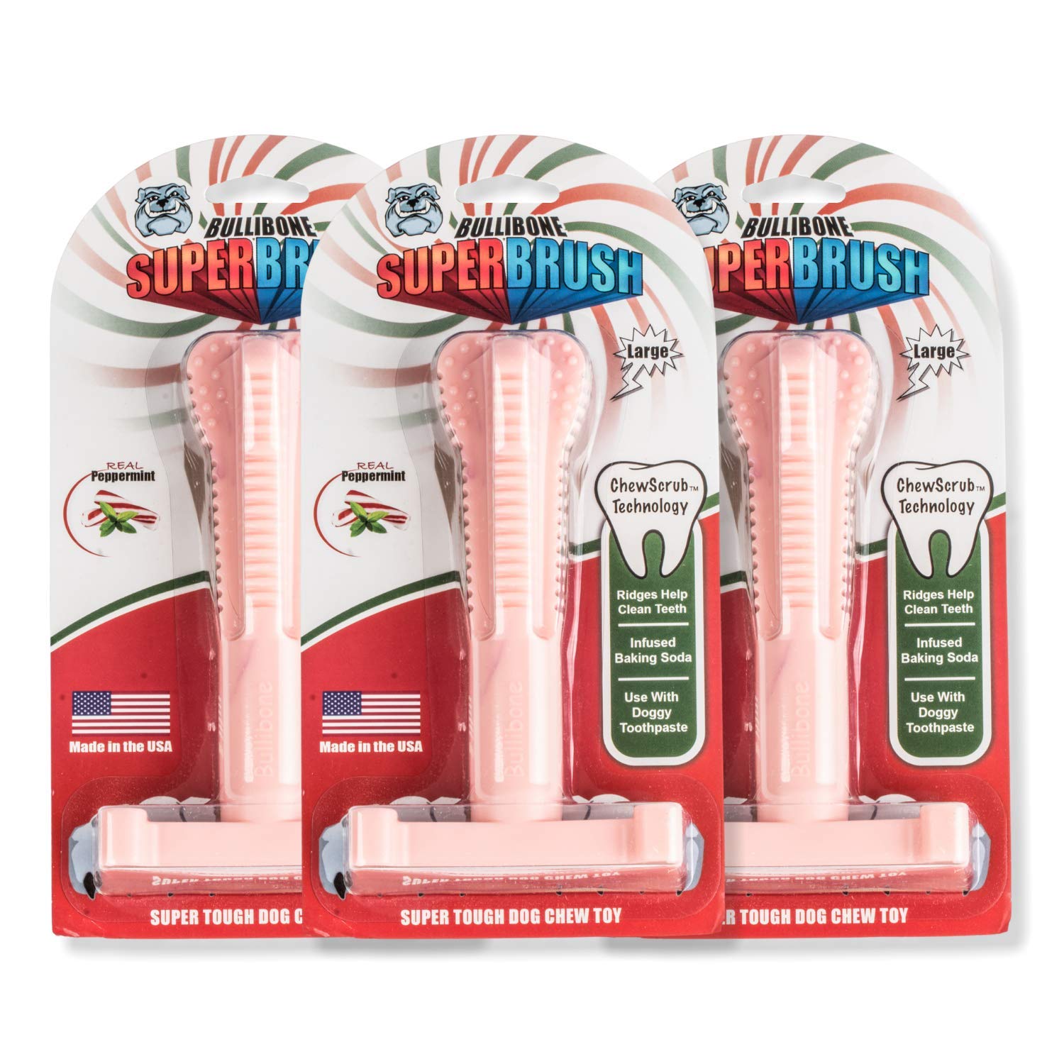 Bullibone SuperBrush: Dog Teeth Cleaning Brushing Toothbrush Stick - Long Lasting Nylon Pink Peppermint Chew Toy for Oral Care and Dental Health