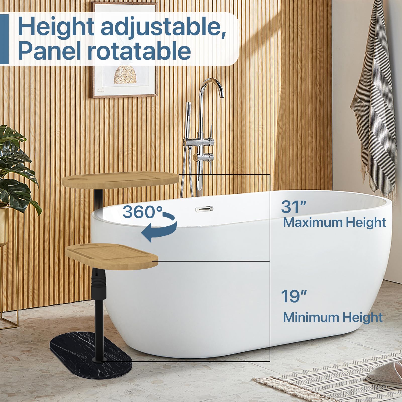 Bathtub Tray Table with Mable Base, Freestanding Bath Tray Tub Caddy for Tub Against Wall, Bathtub Shelf Hot Tub Table for Luxury Bath Home Spa Bath Accessories