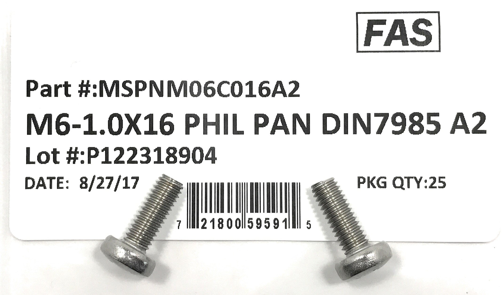 M6-1.00 x 16 Stainless Steel Phillips Pan Head Machine Screw DIN7985 A2 M6x16 (25 Pieces)