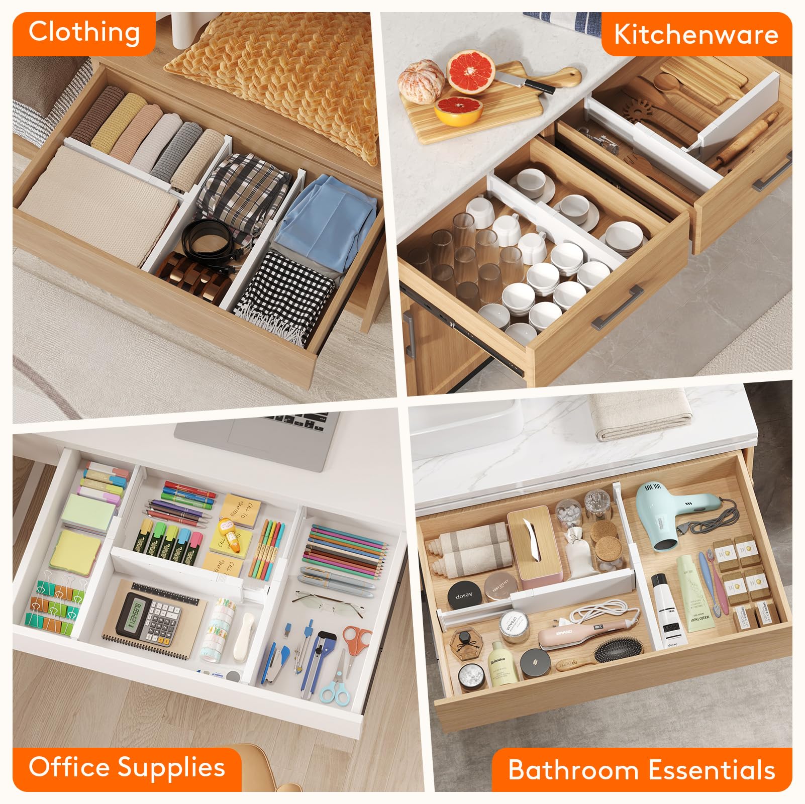 Lifewit 5 Pack Drawer Dividers Plastic 4" High, 13.5-22" Adjustable Drawer Organizers for Clothes, Expandable Dresser Separators in Bedroom/Bathroom/Kitchen/Fridge/Office Organization and Storage