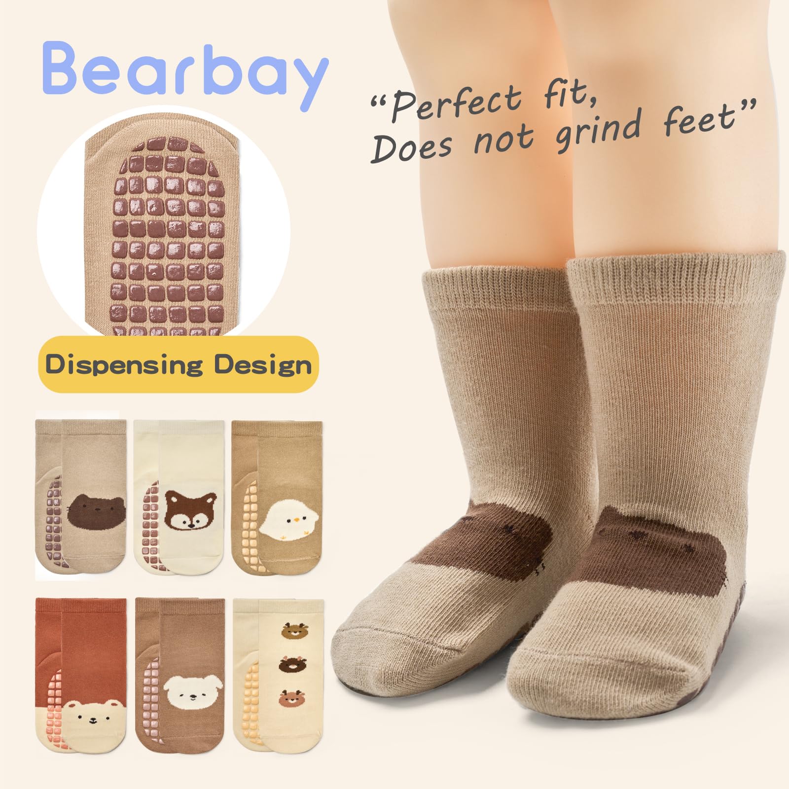 Bearbay Toddler Socks with Grippers (3 Pairs) for 1-5 Years Old Crew Baby Socks