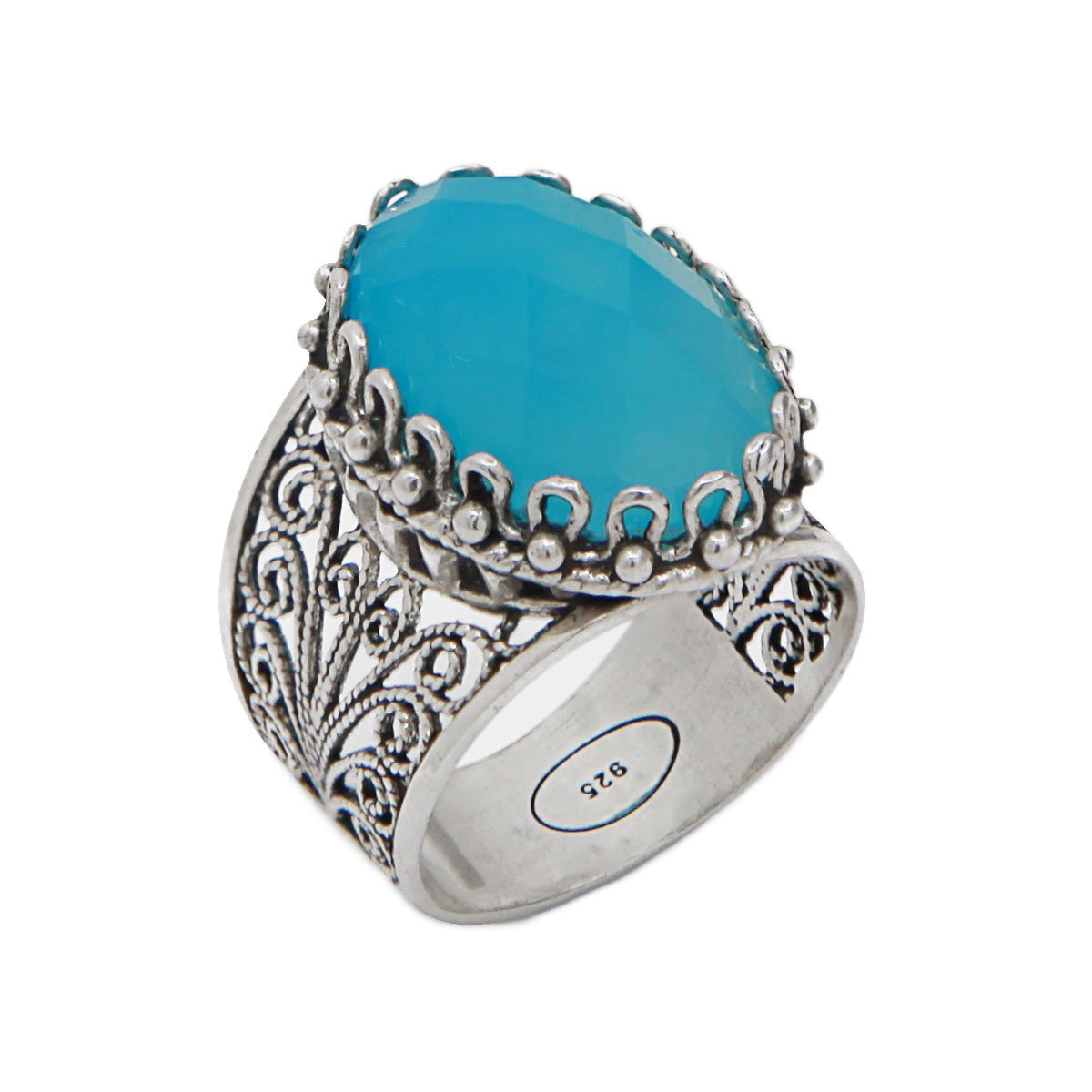 925 Sterling Silver Blue Agate Oval Filigree Ring (Size 5-11) (6)