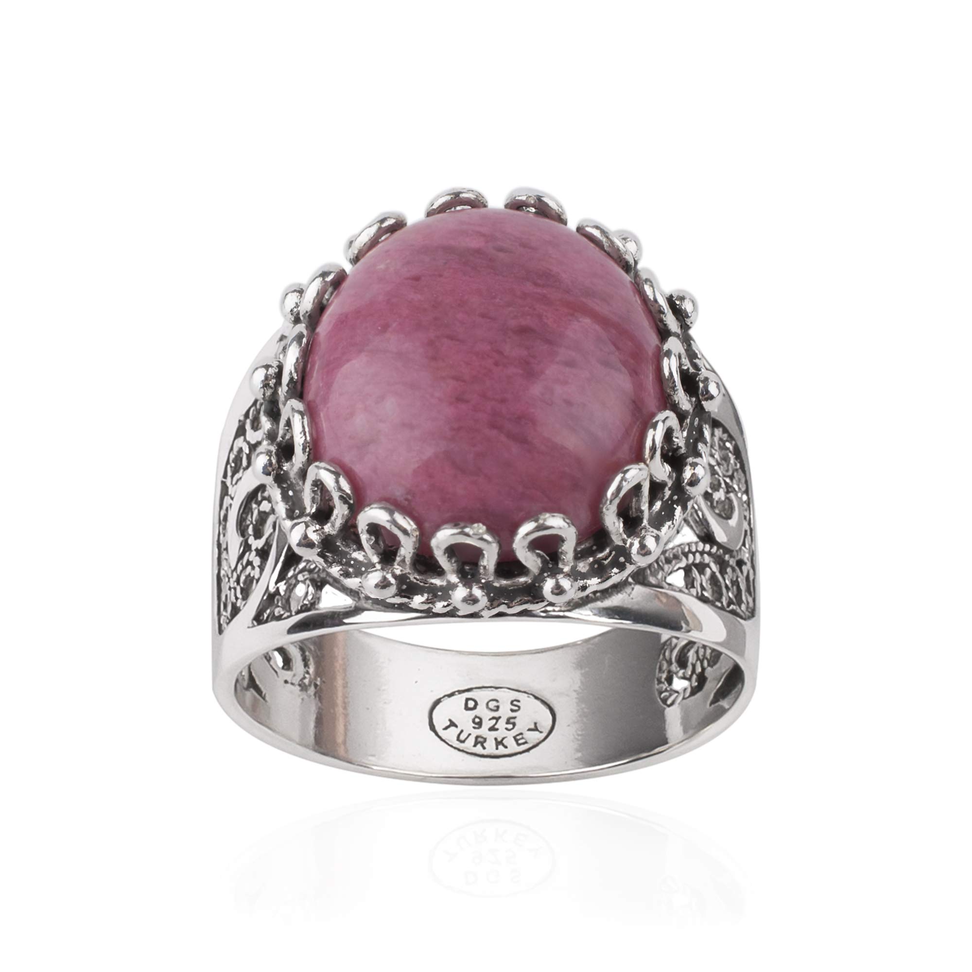925 Sterling Silver Pink Rhodonite Round Filigree Paisley Ring (Size 6-10) (6)