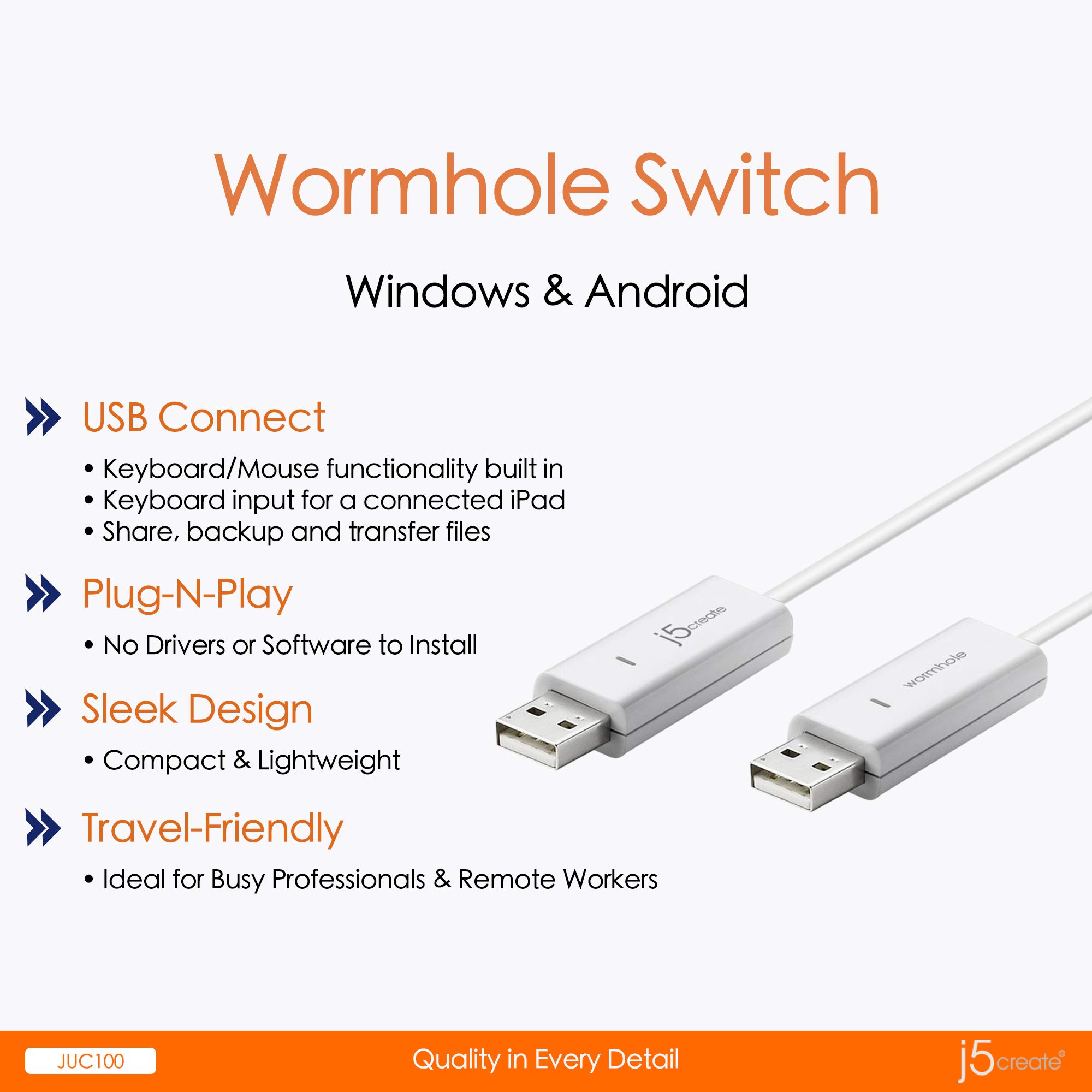 j5create JUC100 Data, Keyboard, and Mouse Sharing/Transfer USB Cable [ Wormhole Switch Windows to Windows ] Transfer Data Between 2 Windows PC