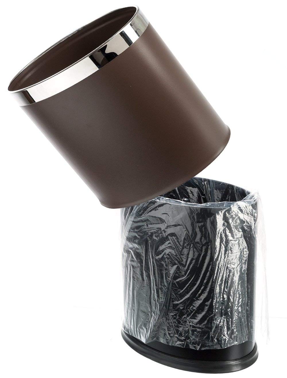 Brelso 'Invisi-Overlap' Metal Trash Can, Open Top Small Office Wastebasket, Oval Shape (Wood Look)