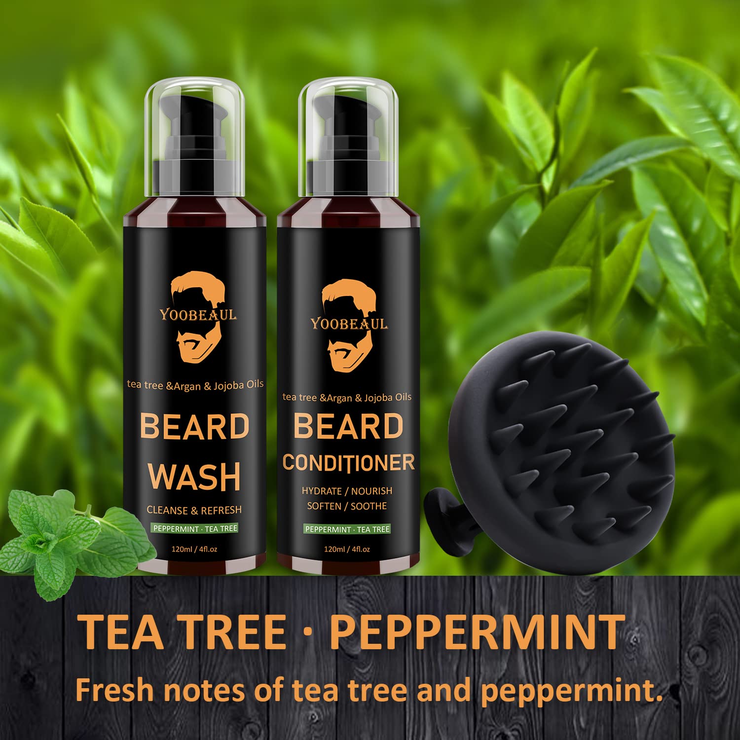 Beard Wash, Beard Conditioner & Beard Brush Set w/Argan & Tea Tree Oils - Natural Mint Tea Tree Scent - Softens & Strengthens, Shine, Reduce Itchy - Scrub, Beard Shampoo w/Beard Oil 2 x 4 Fl Oz 120ML