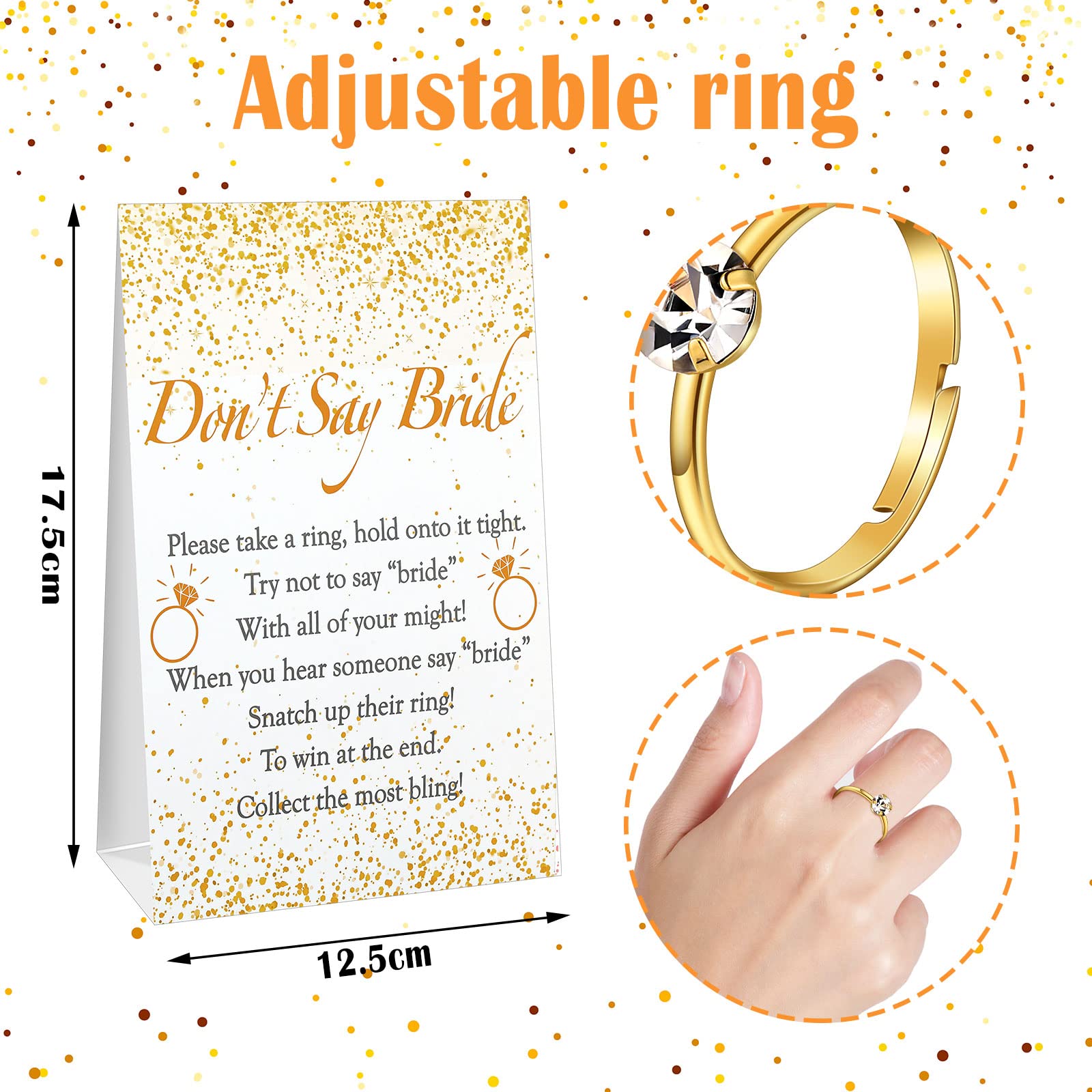Geosar Ring Game Put a Ring on It Bridal Shower Games with Rings Dont Say Bride Game Rules and 60 Plastic Rings Bridal Shower Favors for Guests Wedding Shower Games(Gold, Confetti)