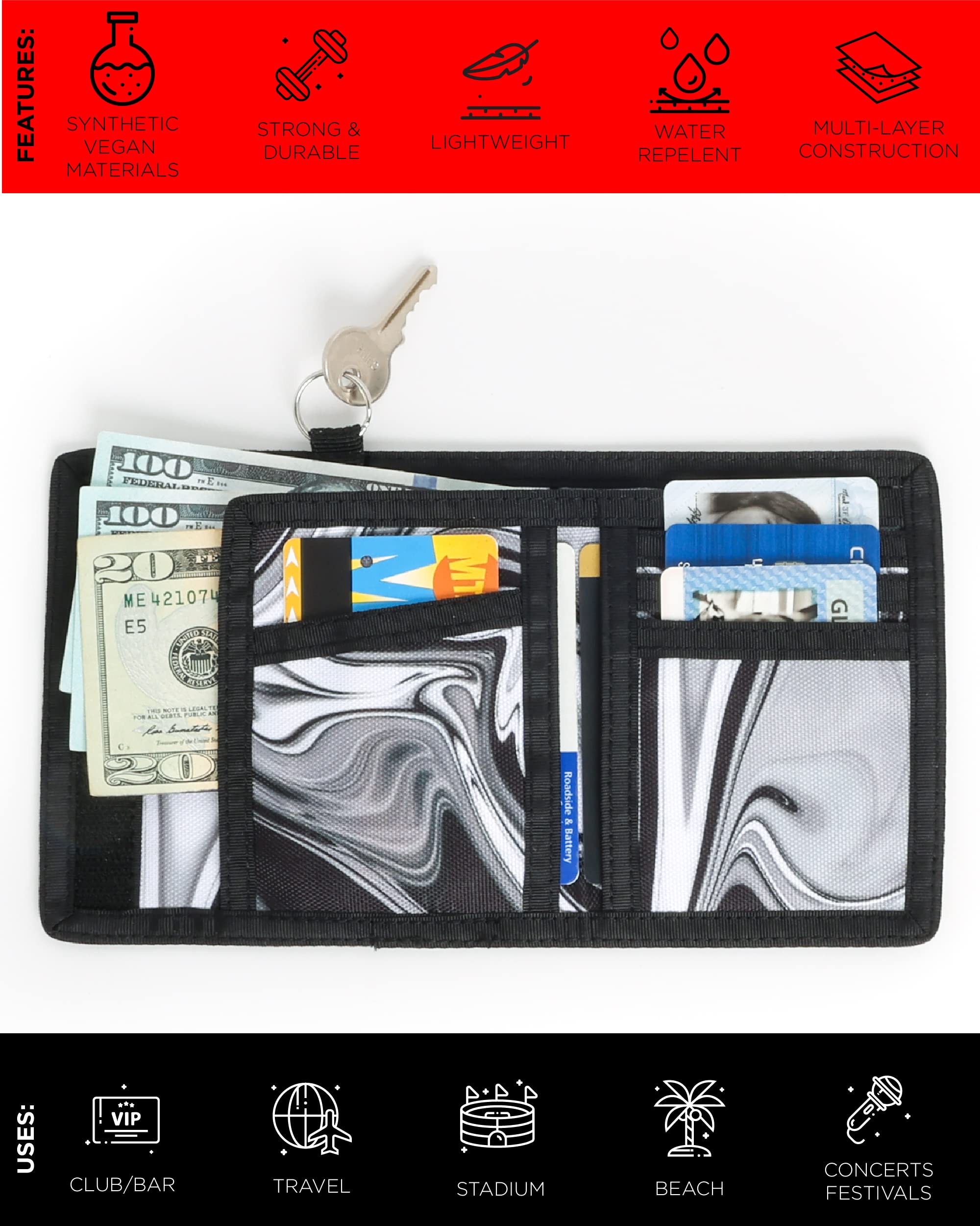 Fydelity 80's RFID Blocking Wallet - Mens and Women's RFID Wallet for Cards and Cash Bifold Hook & Loop Wallet Retro Wallets Men Women, Girls and Boys Wallet BLACK SLICK