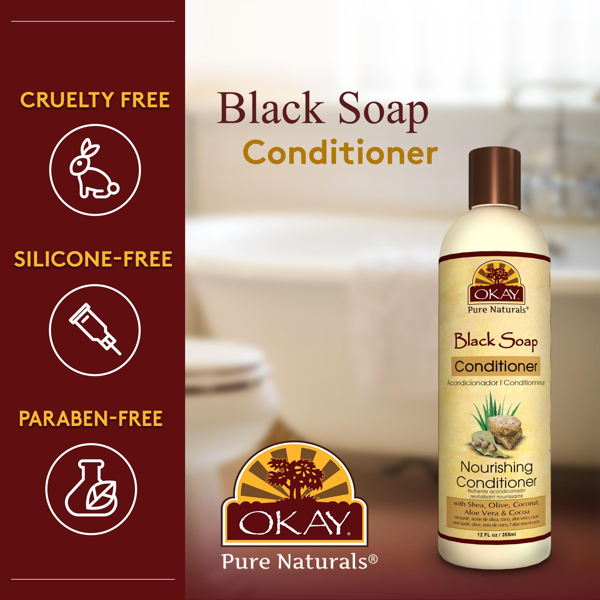 OKAY | African Black Soap Conditioner | For All Hair Types & Textures | Hydrate & Moisturize | With Shea, Olive, Coconut, Aloe Vera and Cocoa | Free of Parabens, Silicones, Sulfates | 12 oz