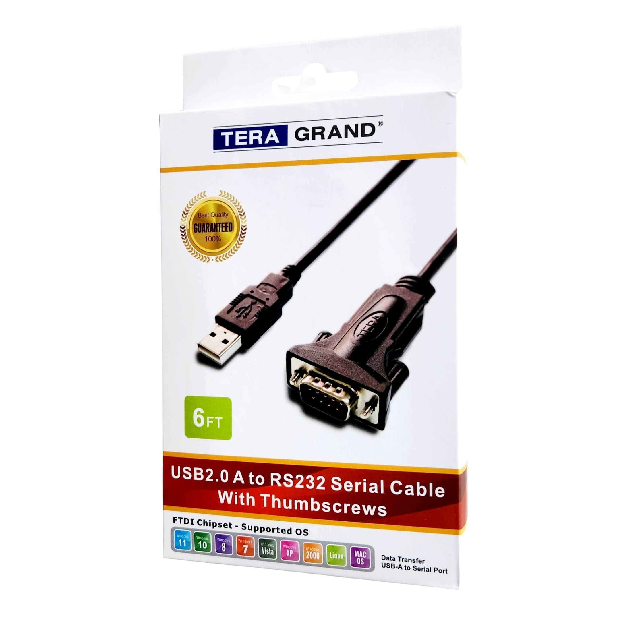 Tera Grand - Premium USB 2.0 to RS232 Serial DB9 Adapter Cable 6 Feet - Supports Windows 11, 10, 8, 7, Vista, XP, 2000, 98, Linux and Mac - Built with FTDI Chipset and Thumbscrews