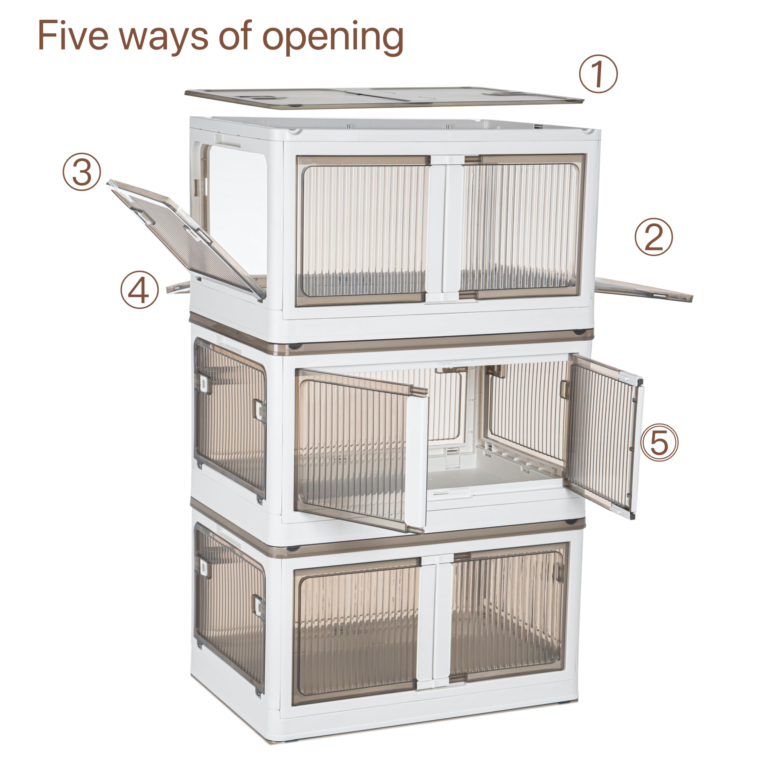 Attelite Plastic Storage Bins, 3 Pack 12.5Gal Collapsible Storage Bins with Lids,Closet Organizers and Storage with Wheels, Folding Stackable Storage Bins with 5 doors, White