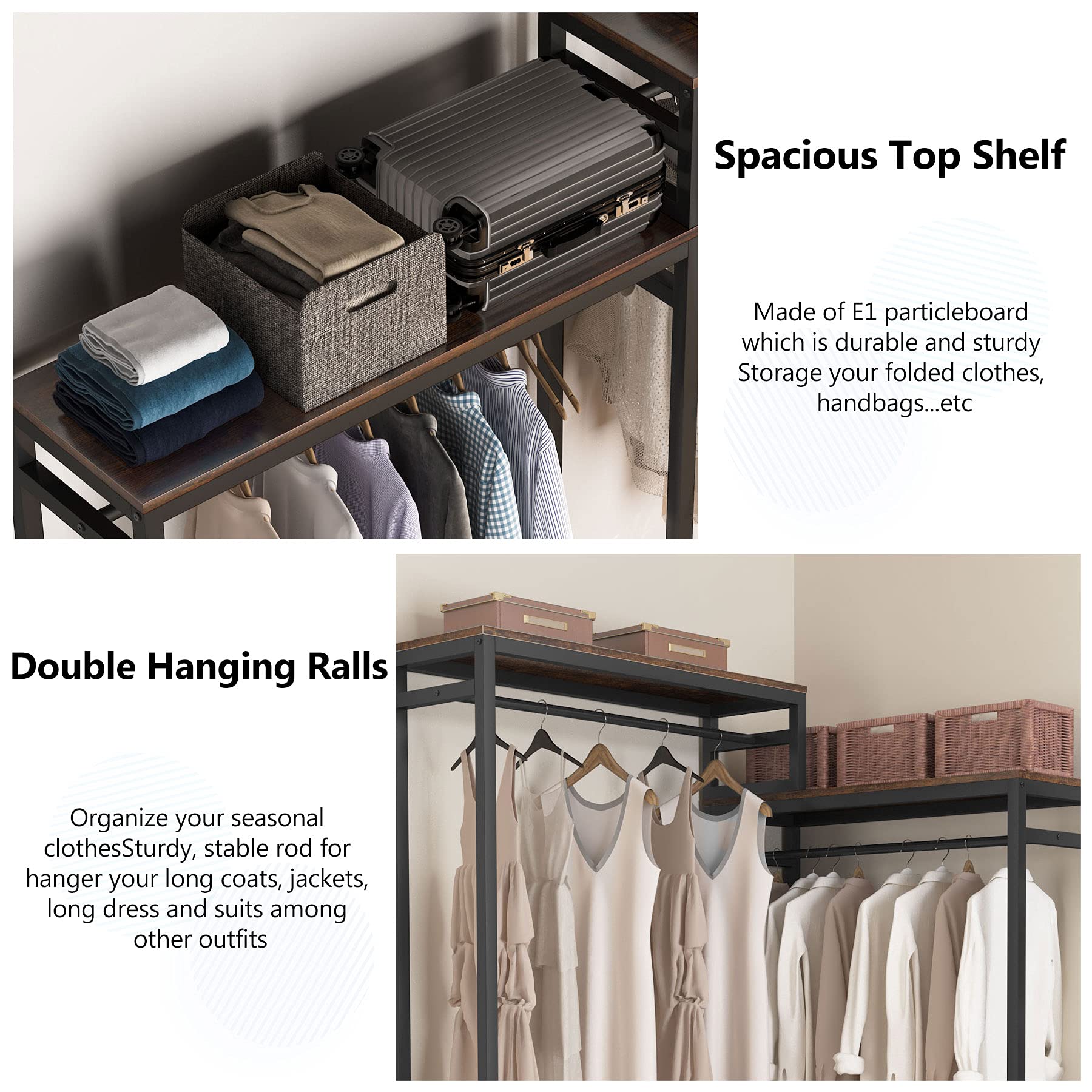 Tribesigns Free Standing Closet Organizer, Clothes Garment Racks with Storage Shelves and Double Hanging Rod, Heavy Duty Metal Wardrobe Closet Storage Clothing Shelving for Bedroom (Rustic Brown)