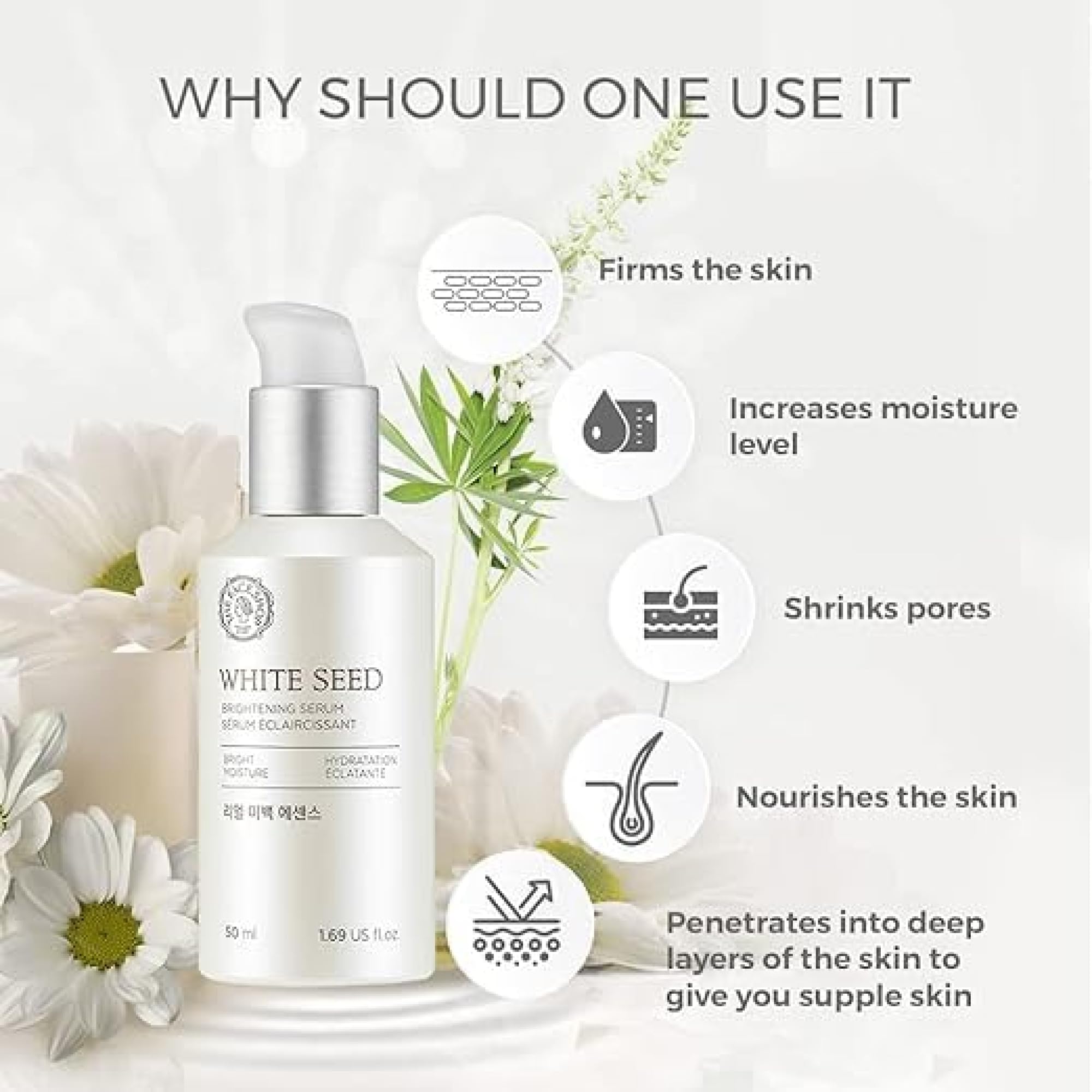 The Face Shop Whiteseed Brightening Serum | Deep Skin Brightening, Boost Moisturization & Pore Minimize | Skin Texture & Clarity Improvement, Dullness Reducing, 1.69 Fl Oz