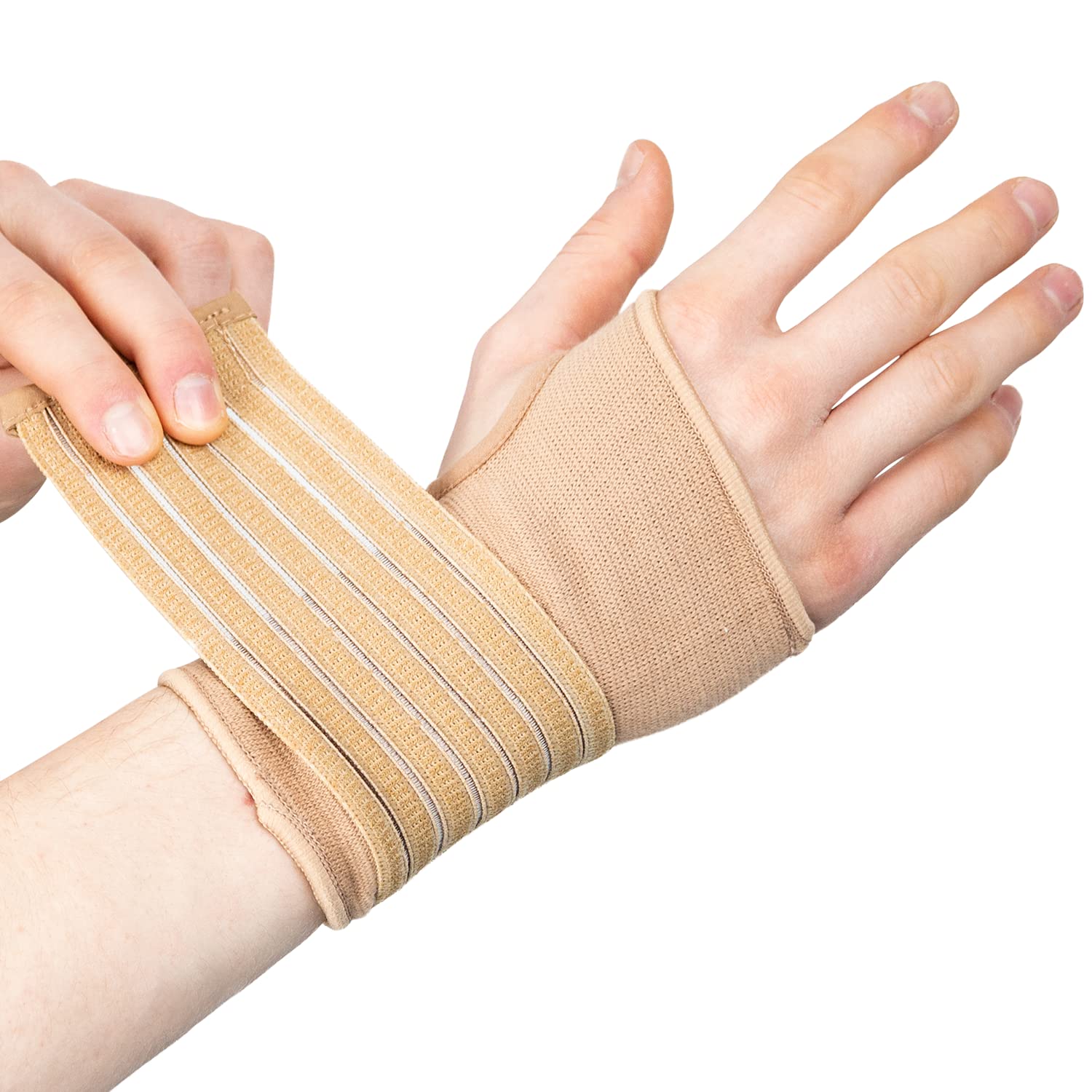 Actesso Elastic Wrist Support with Strap - Ideal for Sprains, Injury or Sports Use with no Metal bar - Support Without inhibiting Flexibility | Left or Right (Beige, Medium)